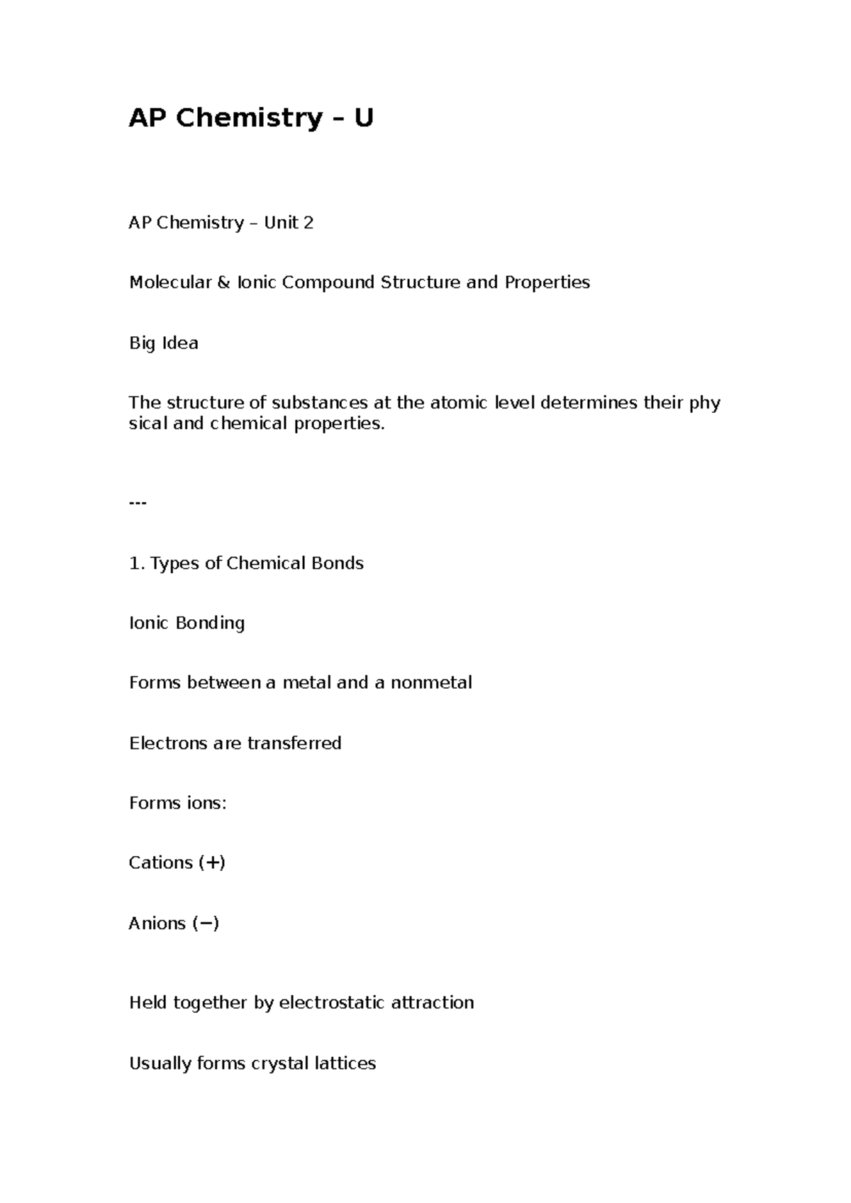 AP Chemistry U: Unit 2 Molecular & Ionic Compounds Overview - Studocu