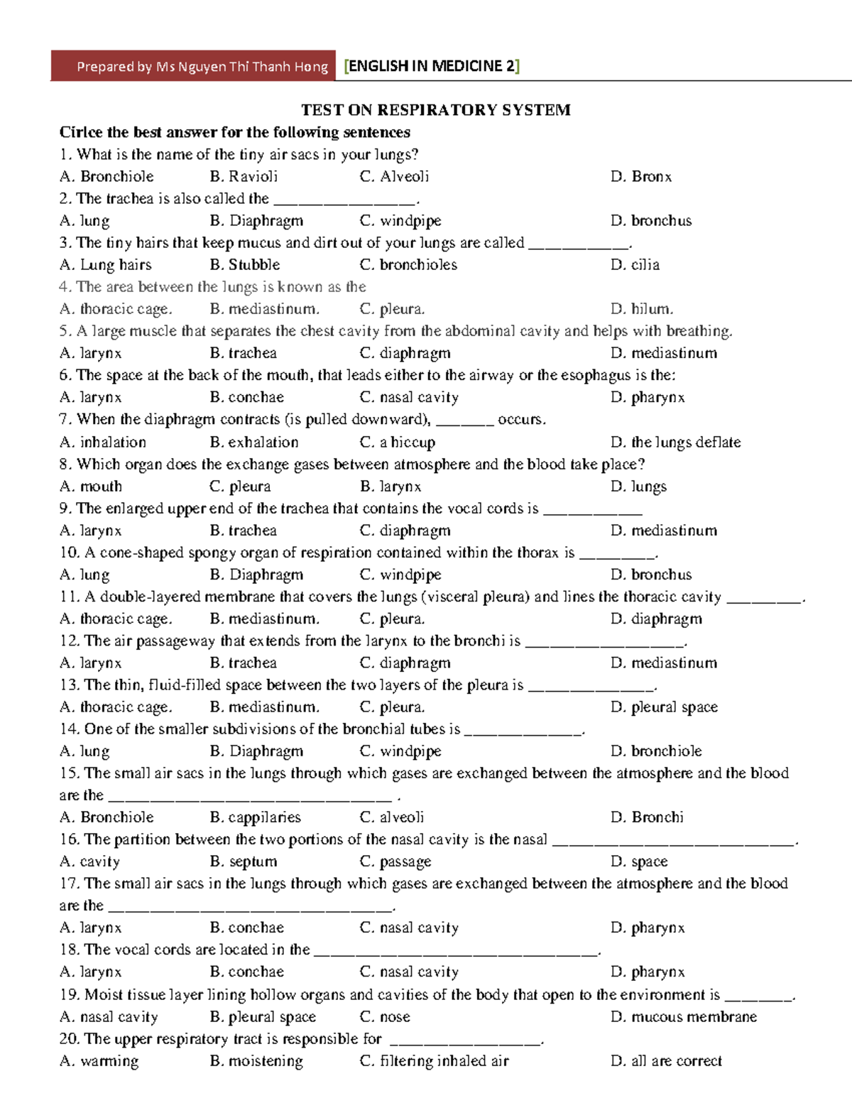 TEST ON RESPIRATORY SYSTEM - MEDICINE 101 - Studocu