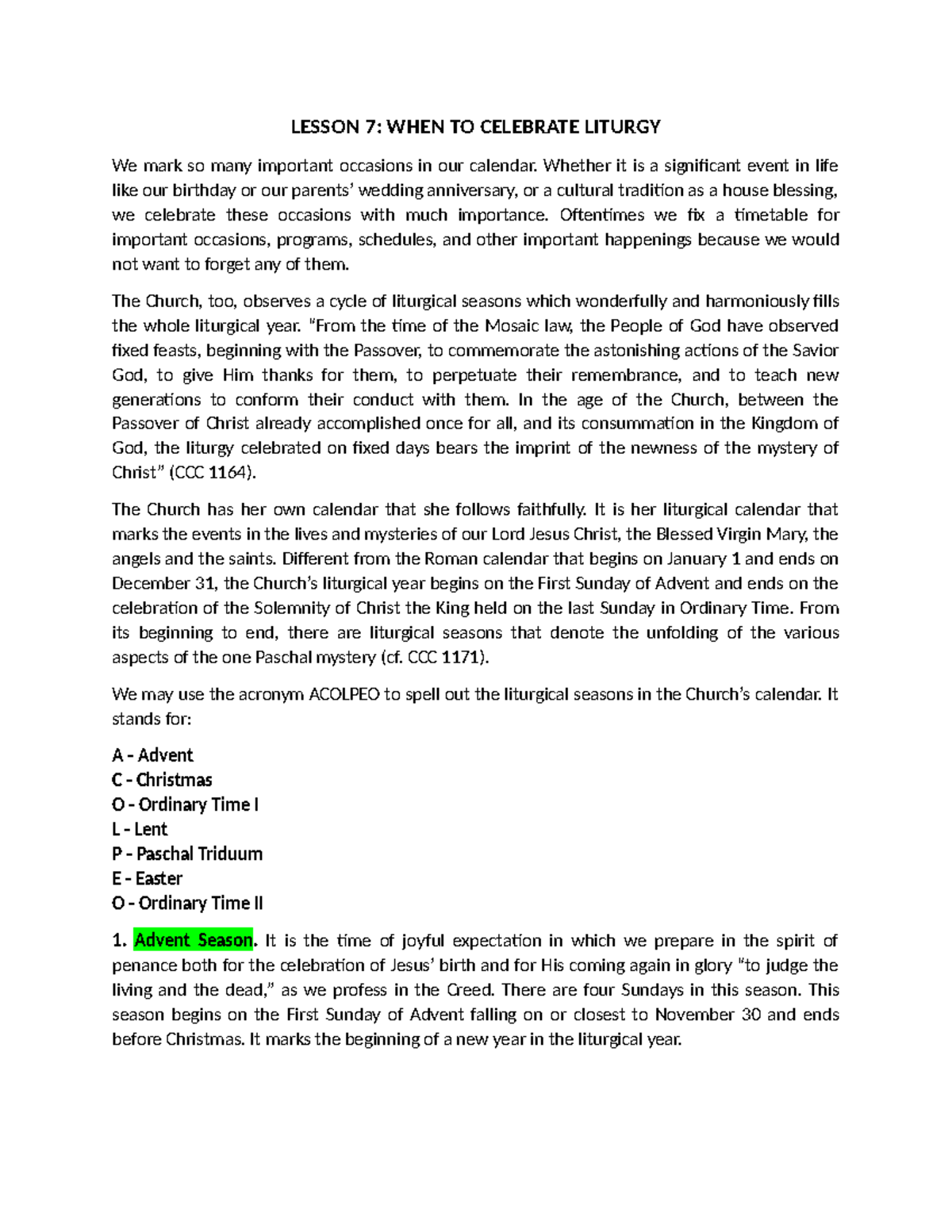 CLE Lesson 7 & 8: Celebrating and Understanding Liturgy - Studocu