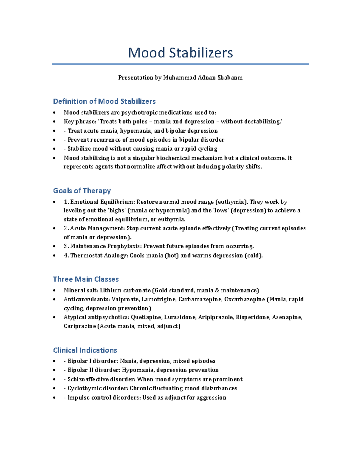Mood Stabilizers Overview: Key Concepts and Clinical Applications - Studocu