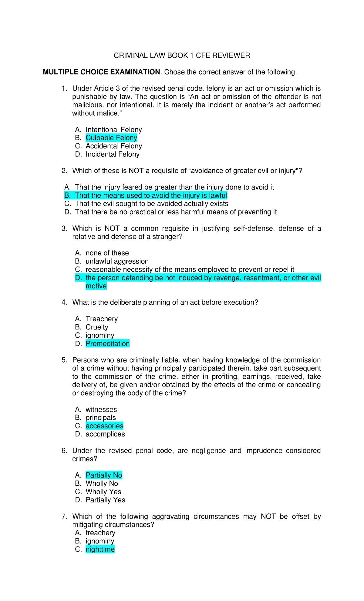 CRIMINAL LAW 1 CFE REVIEWER: MULTIPLE CHOICE EXAM QUESTIONS - Studocu