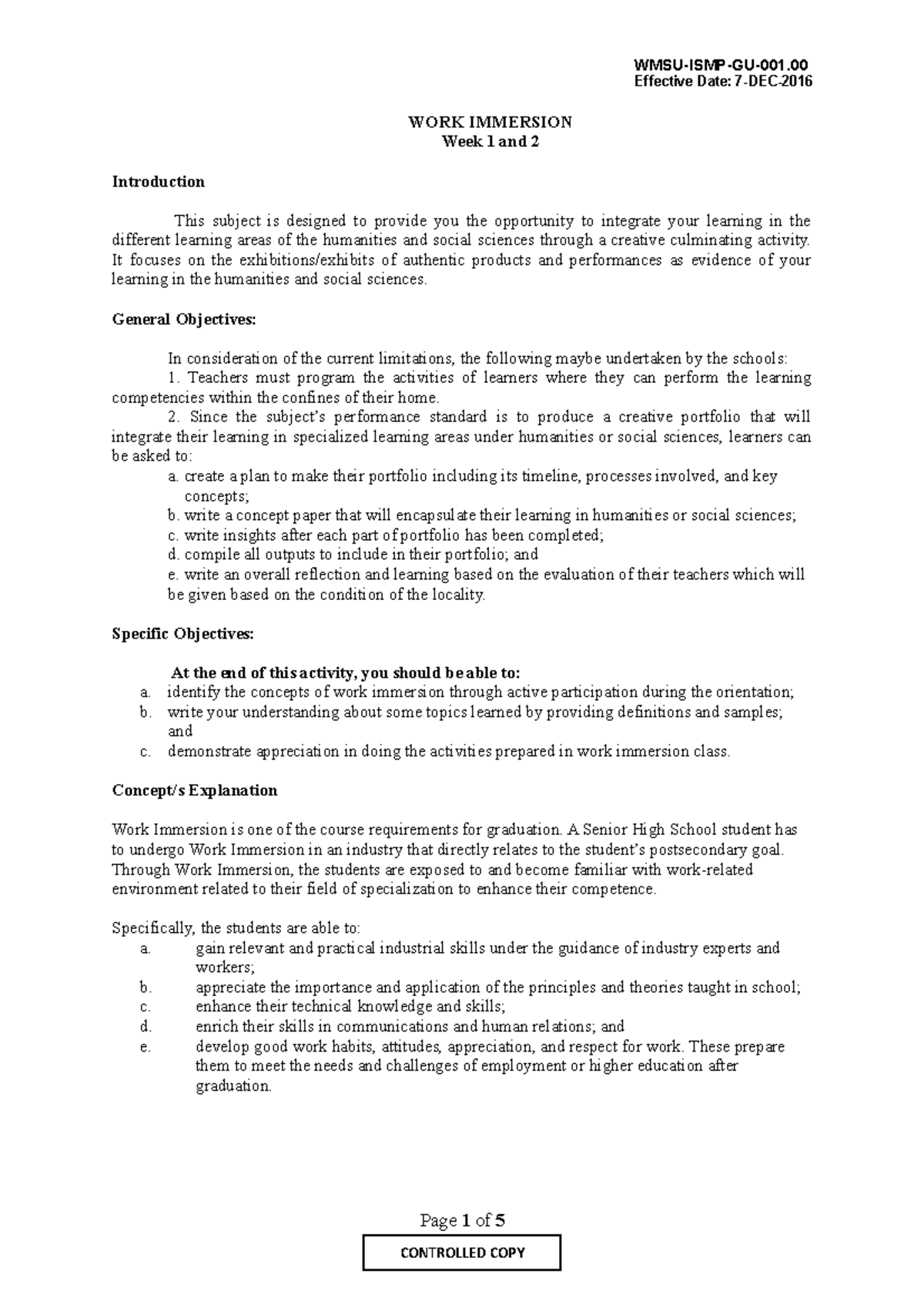 WORK Immersion Module 1: Activities & Objectives Overview - Studocu