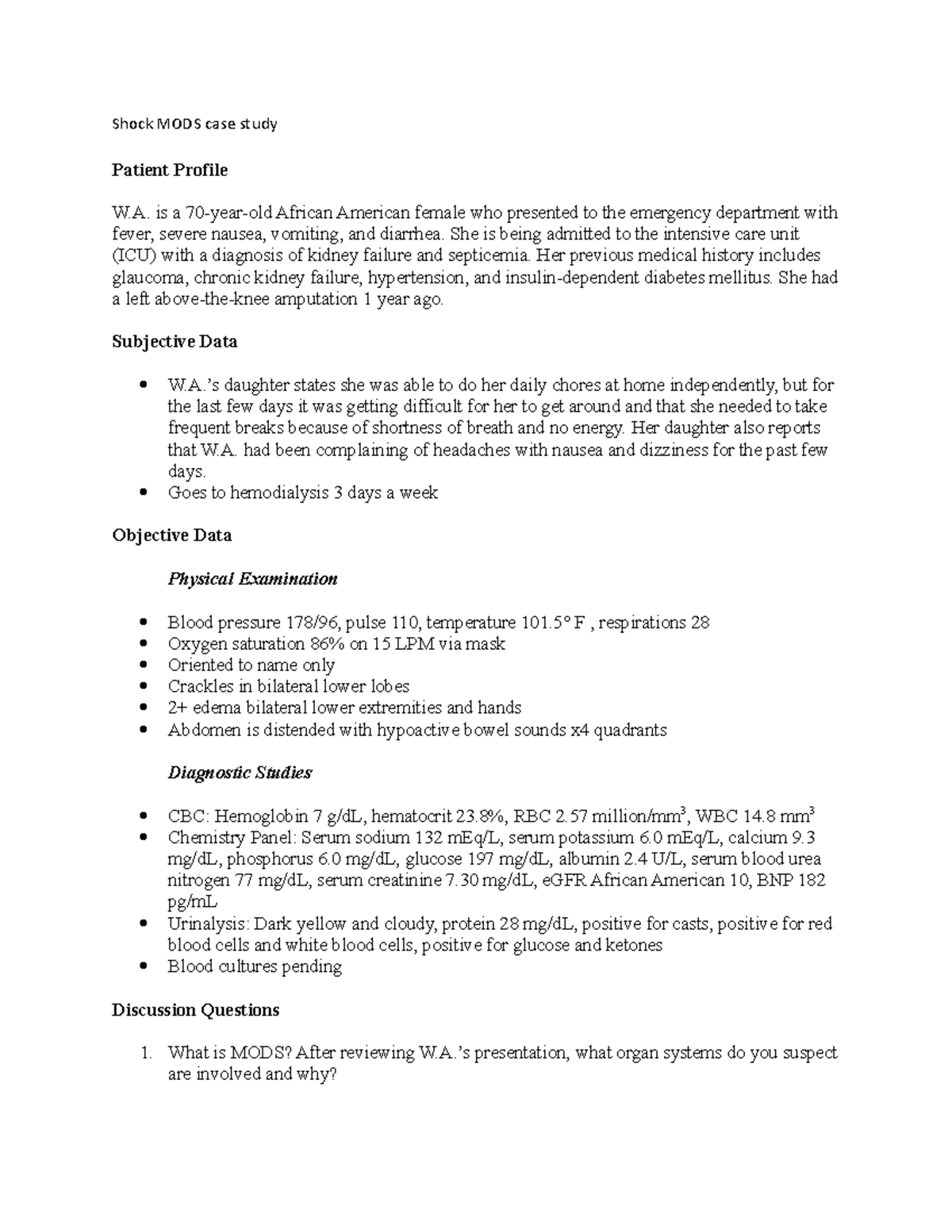 Shock MODS Case Study with Answers: Patient W.A. Analysis - Studocu