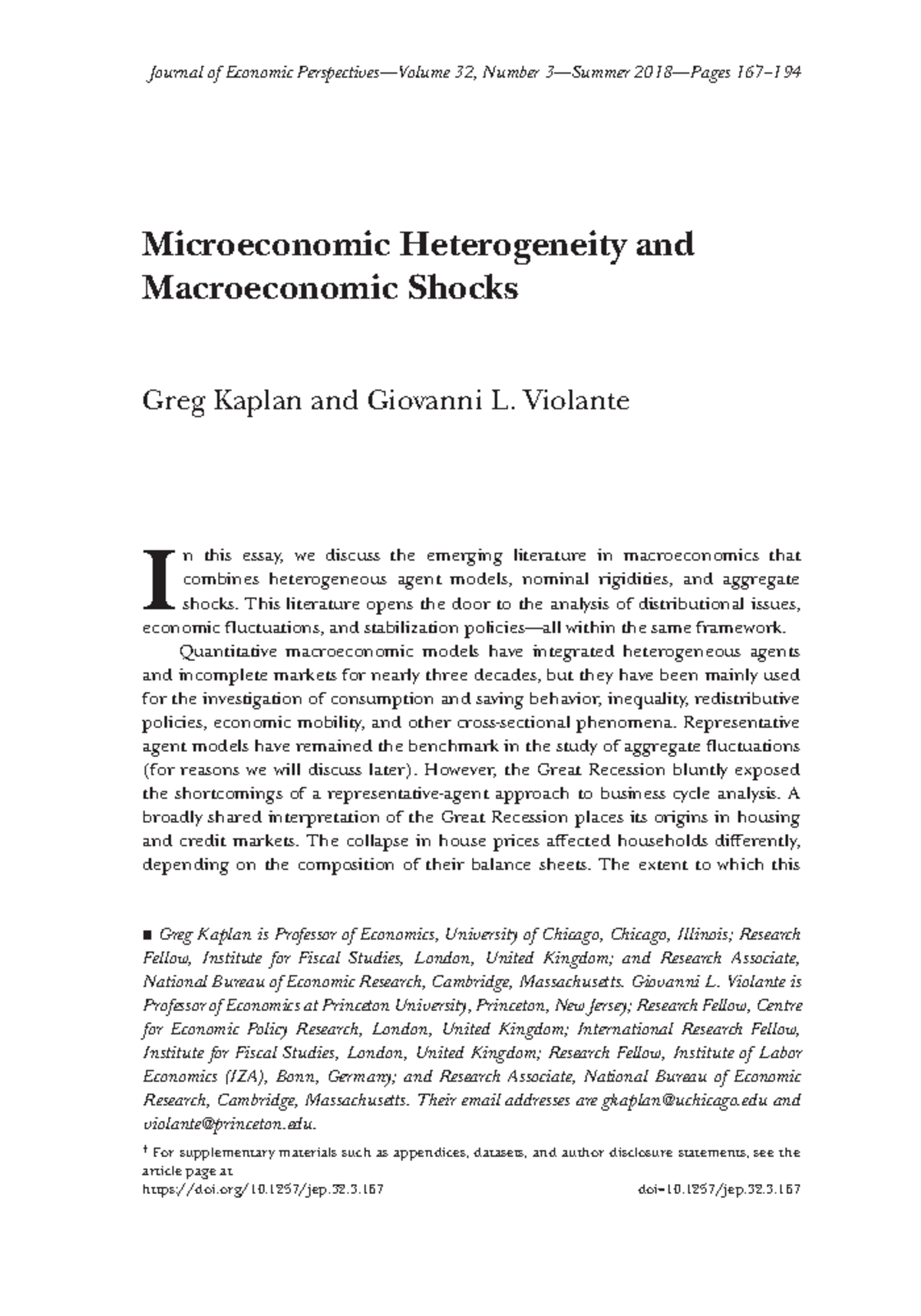 Microeconomic Heterogeneity and Macroeconomic Shocks: Kaplan & Violante ...