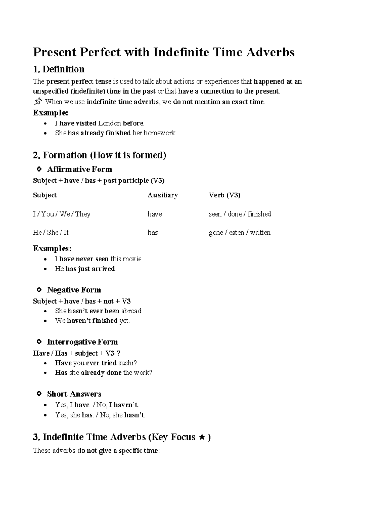 Present Perfect Tense with Indefinite Time Adverbs: A Guide - Studocu