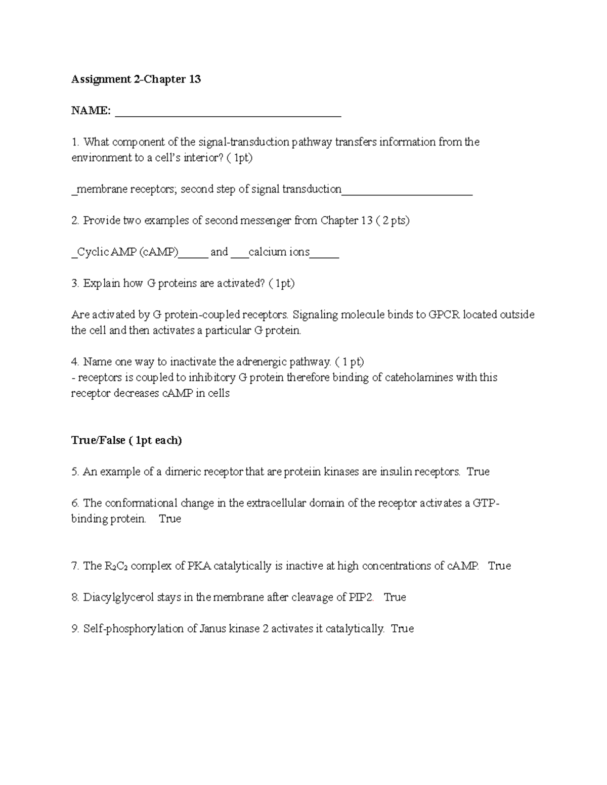 Assignment 2 - biochemistry - Assignment 2-Chapter 13 NAME
