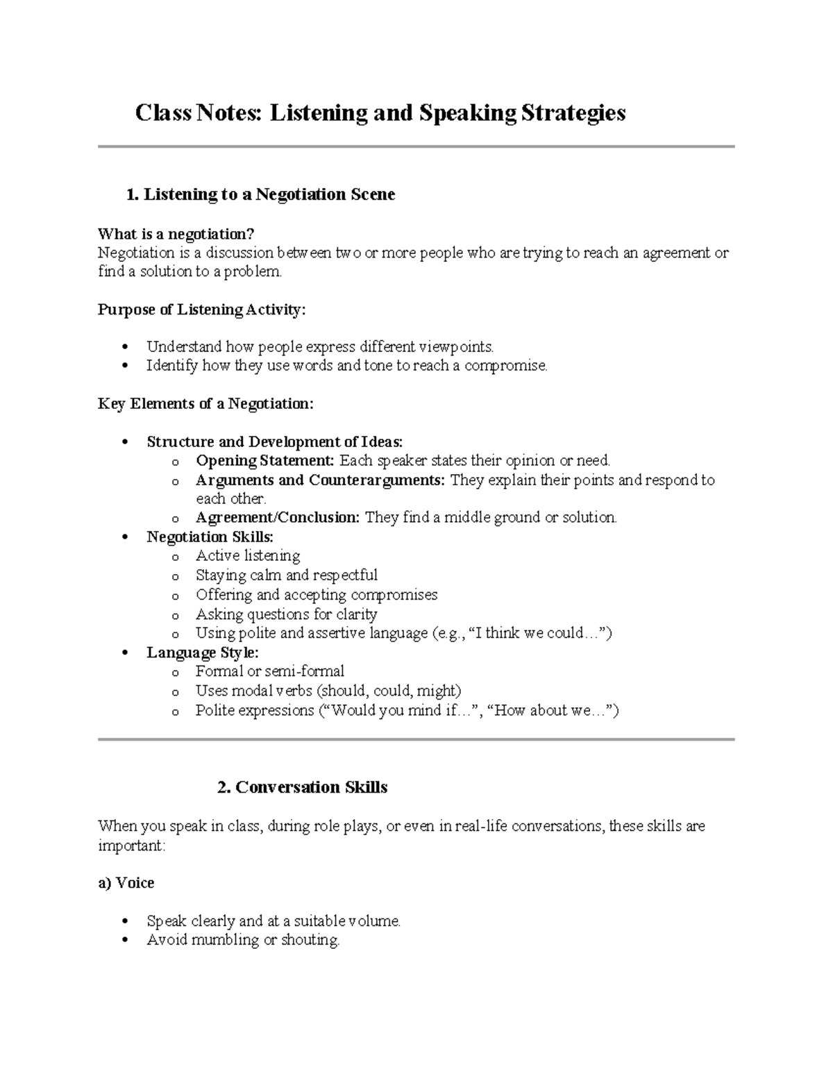 Class Notes: Listening & Speaking Strategies for Negotiation - Studocu