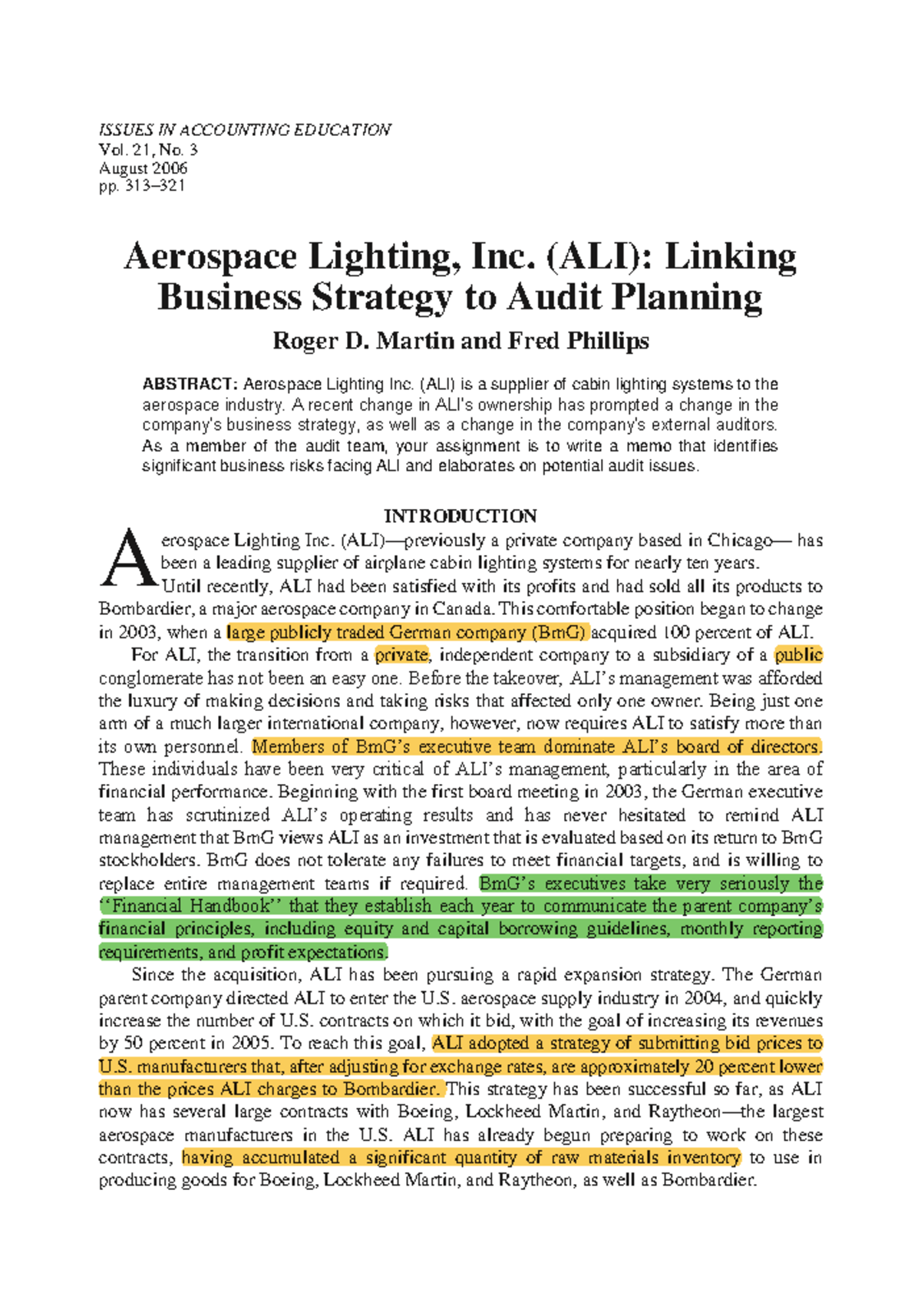 Aerospace Lighting, Inc. Case Study: Audit Planning & Strategy Risks ...