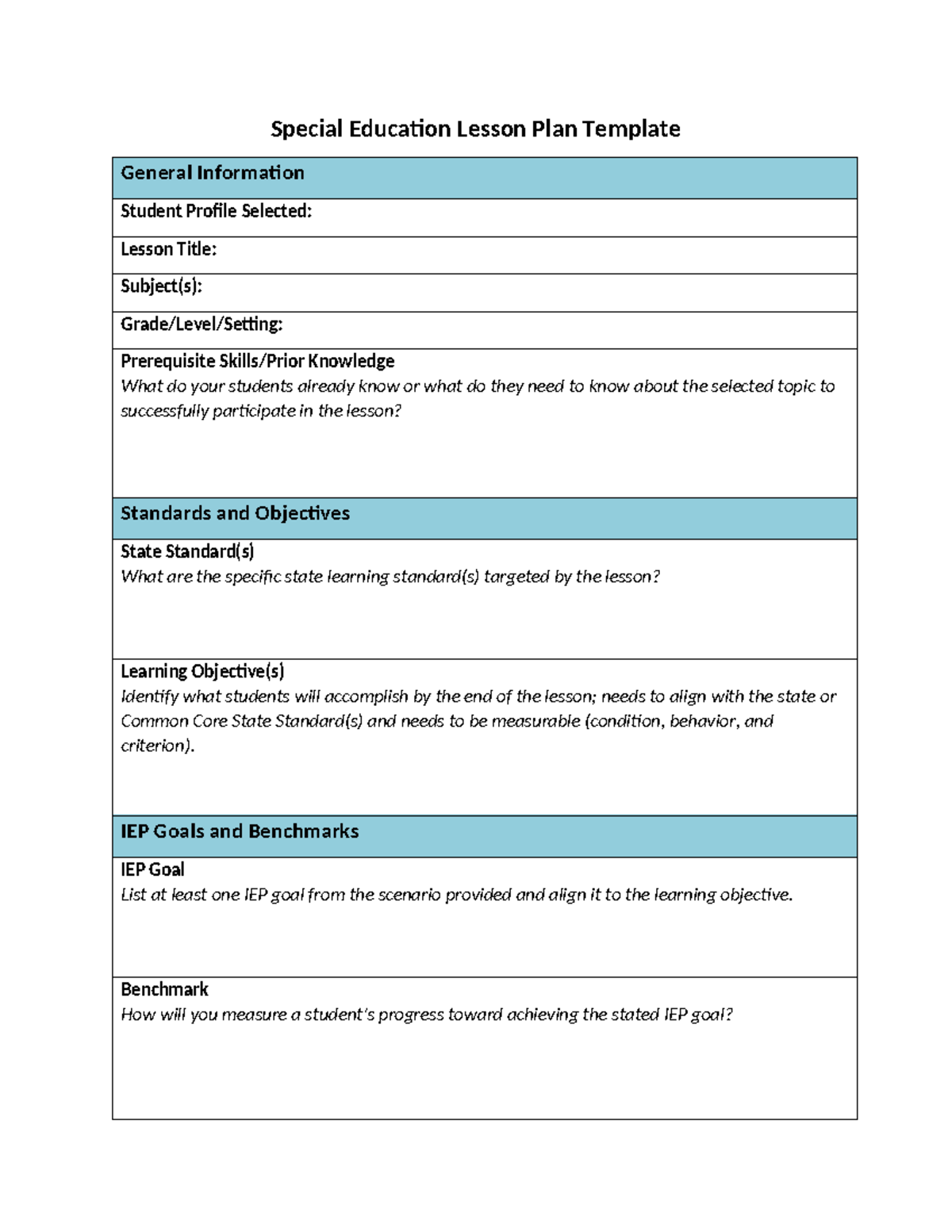 Special Education Lesson Plan Template - IEP Goals and Benchmarks IEP ...