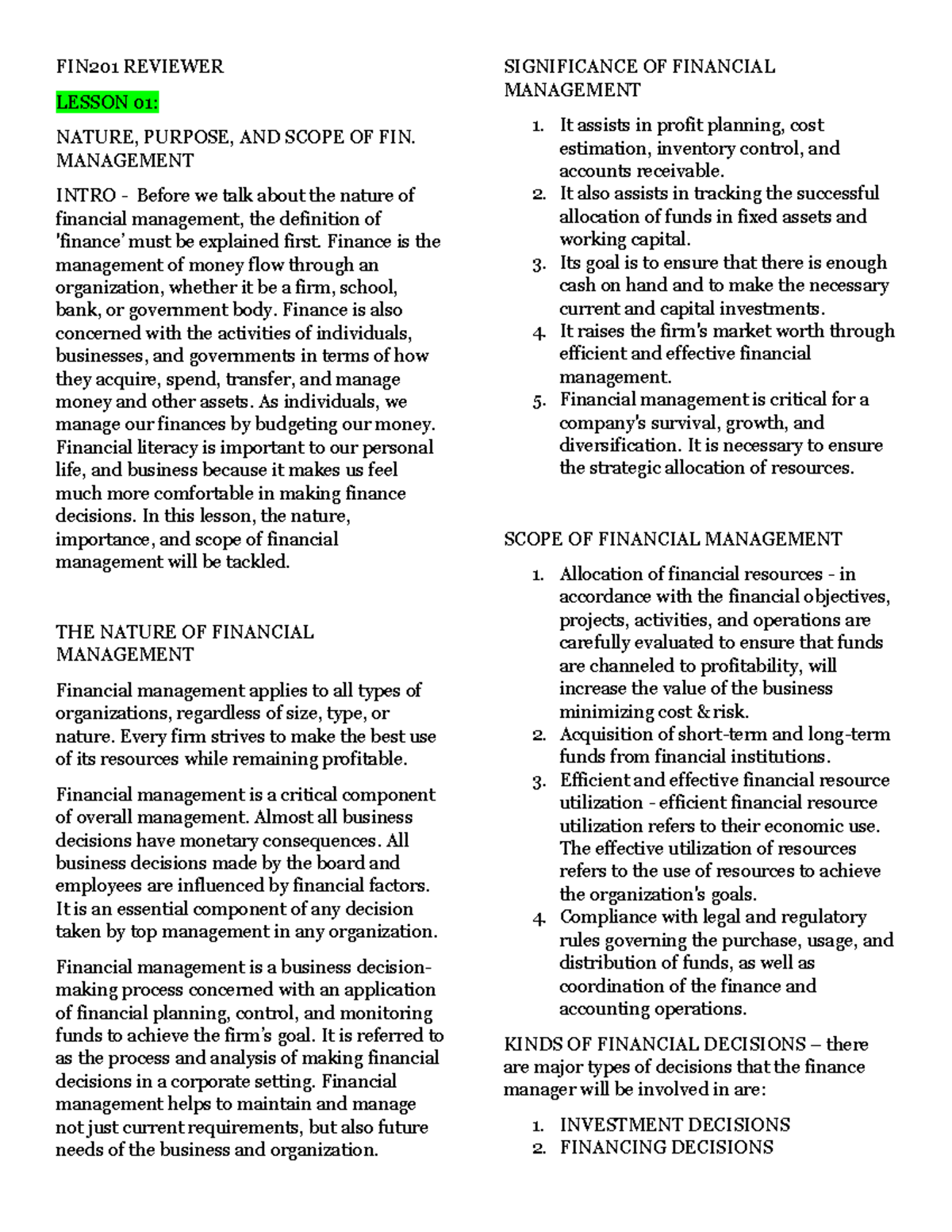FIN201 Reviewer - This is all about Financial Management for the 2nd ...