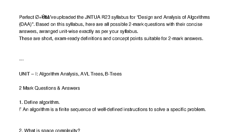 JNTUA R23: Analysis of Algorithms - 2 Mark Q&A Notes - Studocu