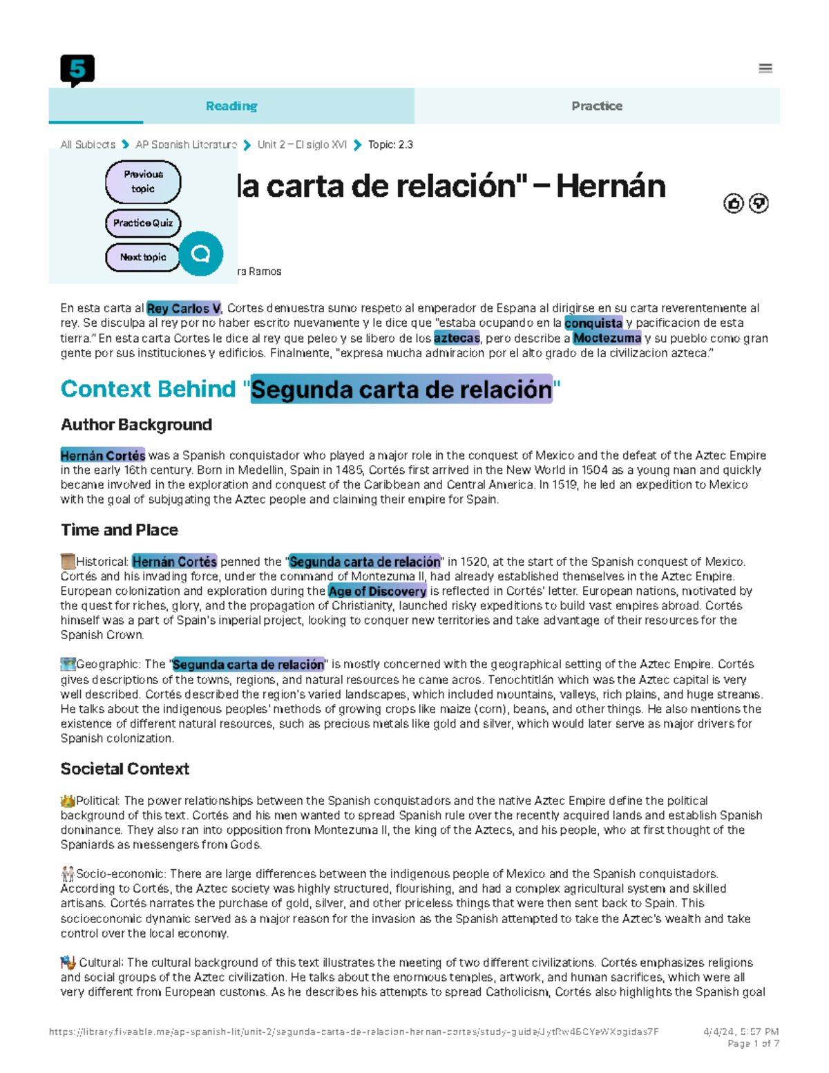 AP Spanish Literature 2024 - Final Exam Study Guide on "Segunda Carta ...