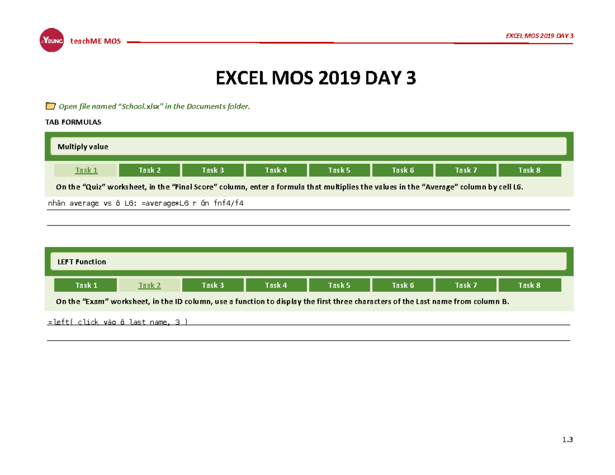 EXCEL MOS 2019 DAY 3: Formulas and Functions Guide - Studocu