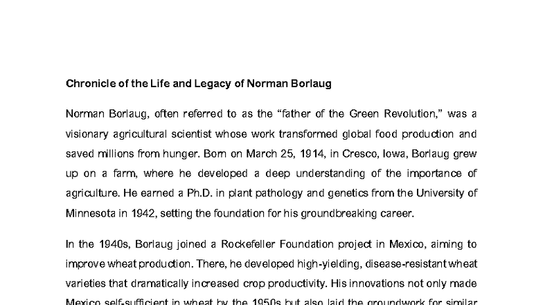 Chronicle of Norman Borlaug's Life & Legacy - MMMMM - Studocu