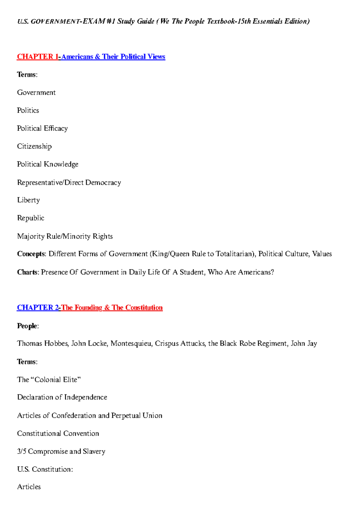 U.S. GOVERNMENT FINAL EXAM #1 Study Guide - We The People 15th Ed ...