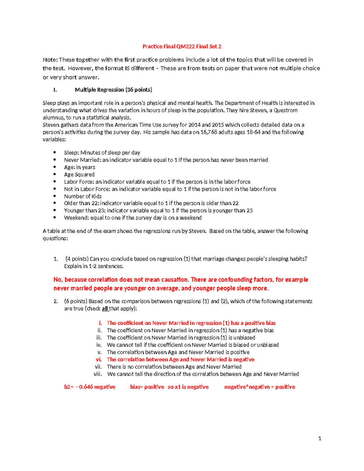 Practice Final Exam for QM222 - Regression Analysis Topics - Studocu