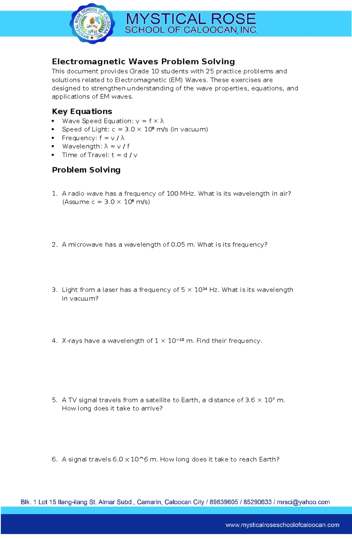 Grade 10 EM Waves Problem Solving Worksheet: 25 Practice Problems - Studocu