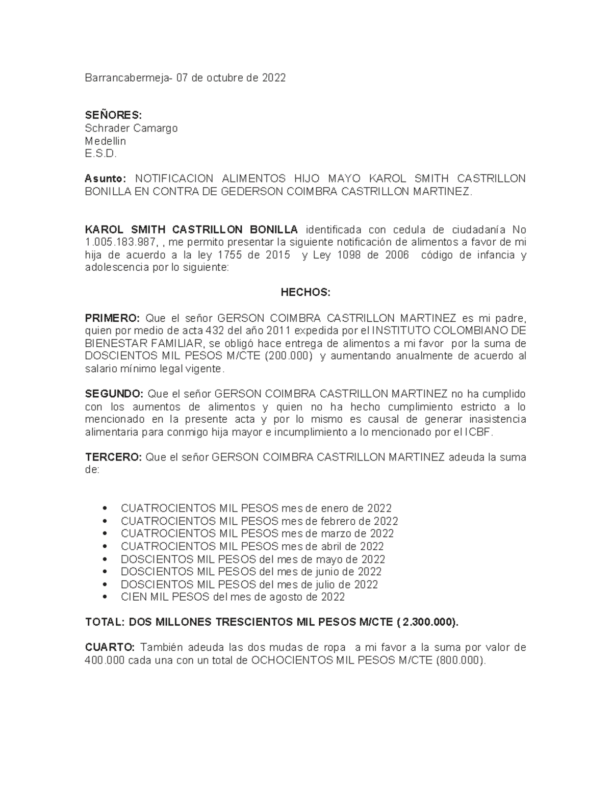 Notificación de Alimentos a Favor de Karol Smith Castrillon - Studocu