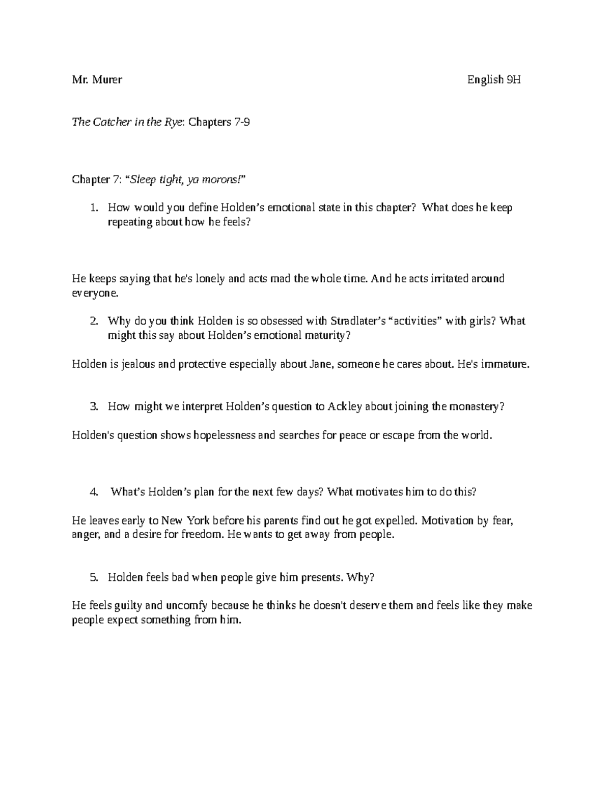 English 9H Final Exam: The Catcher in the Rye Chapters 7-9 Analysis ...