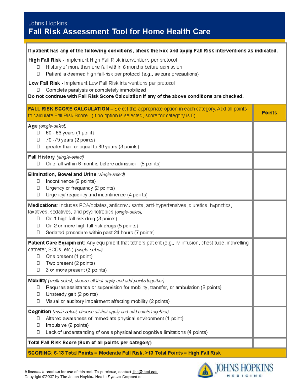 Johns Hopkins Fall Risk Assessment Tool - Scoring Guide for Home Care ...
