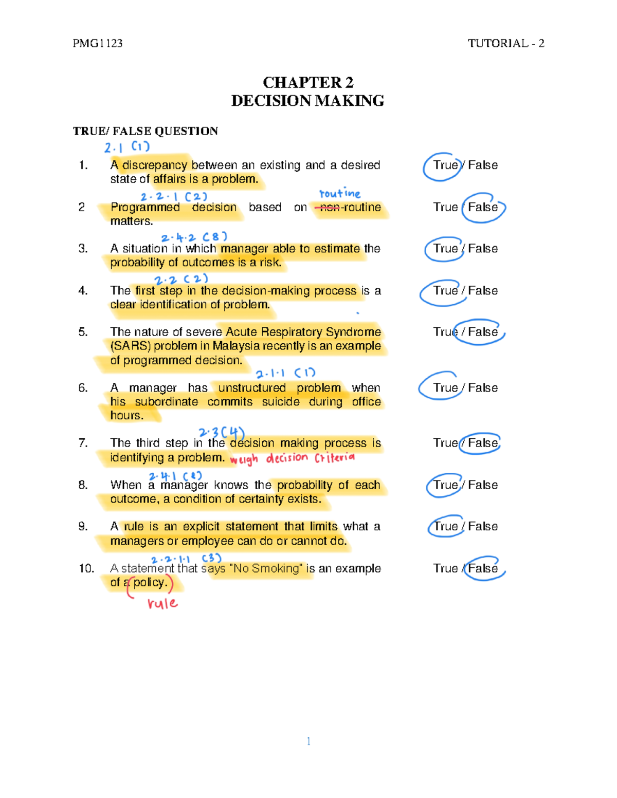 Chapter 2 PMG1123 Tutorial - CHAPTER 2 DECISION MAKING TRUE/ FALSE ...