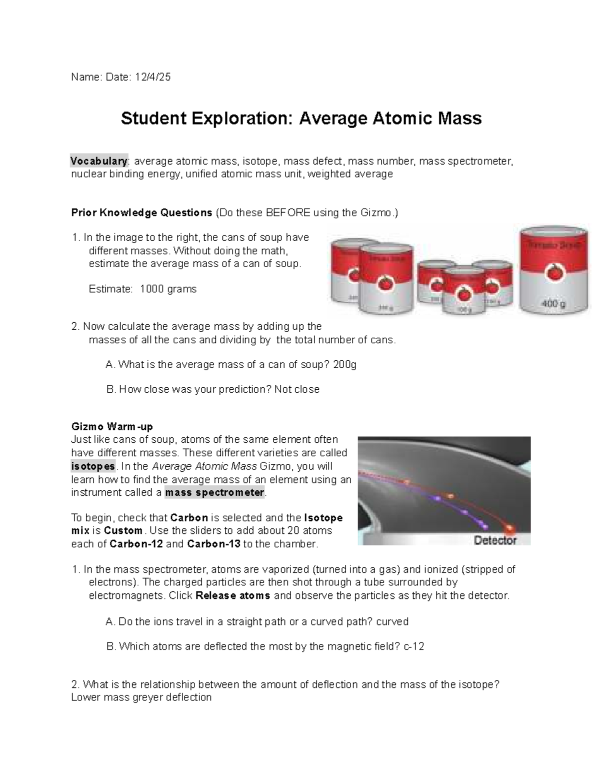 Copy of Average Atomic Mass SE (2019) - Student Exploration Guide - Studocu