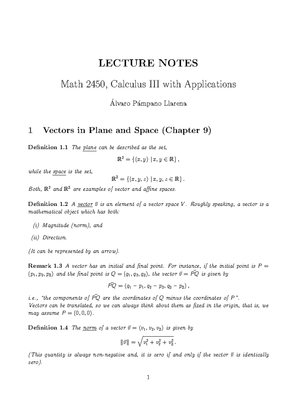 LECTURE NOTES Math 2450: Vectors in Plane and Space (Chapter 9) - Studocu