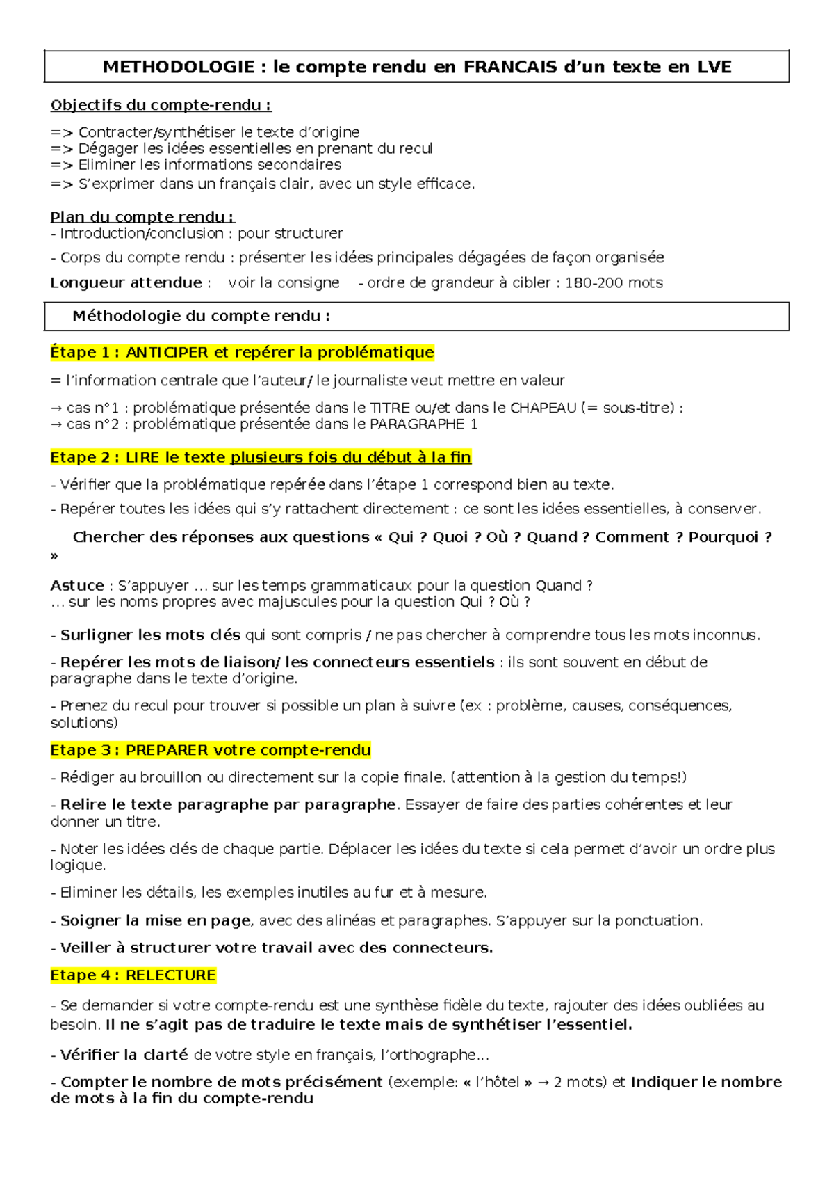 Méthodologie du Compte Rendu en Français pour le Cours de LVE - Studocu