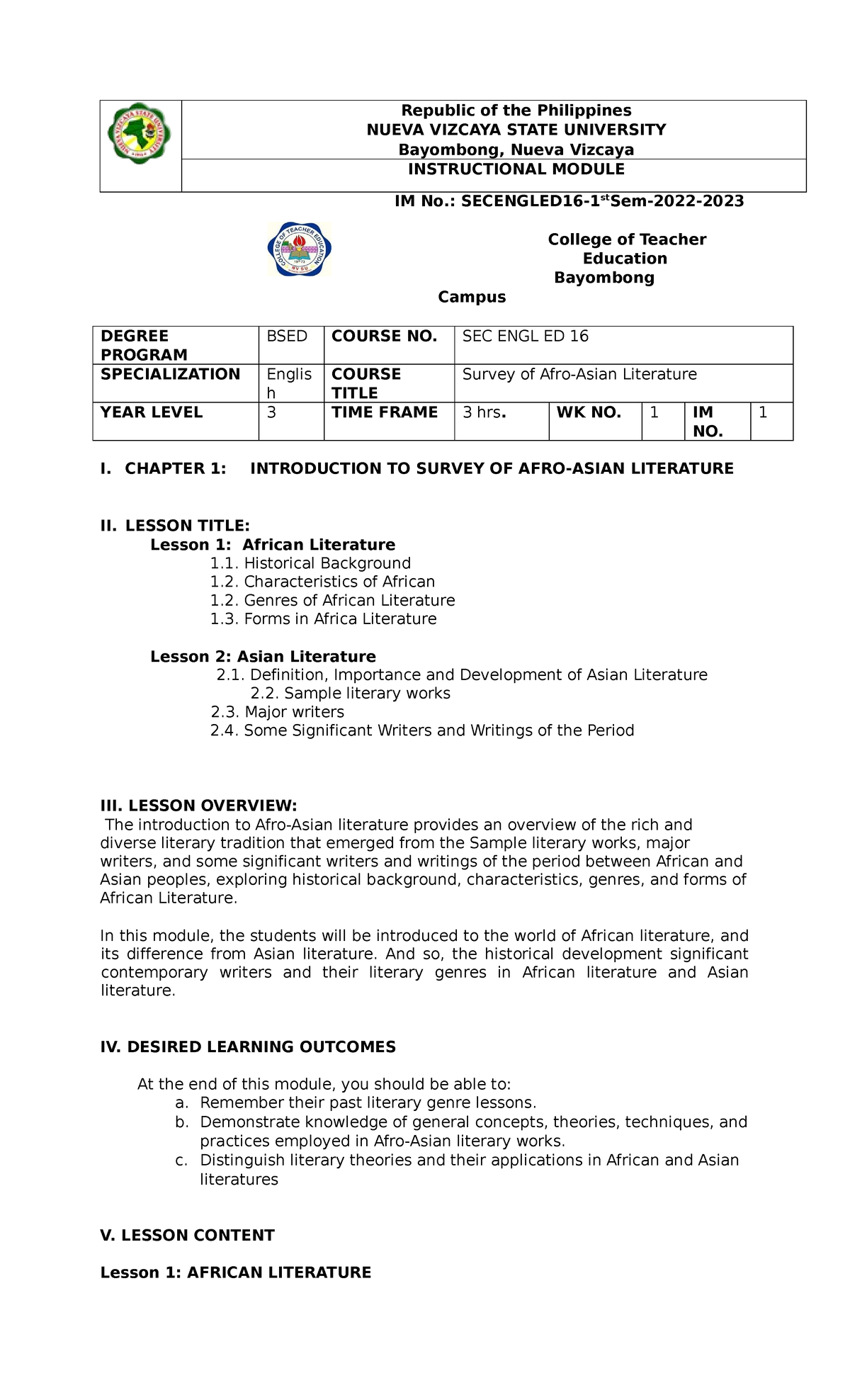 SECENGLED16 Afro-Asian Literature Module 1: Exploring Themes & Genres ...