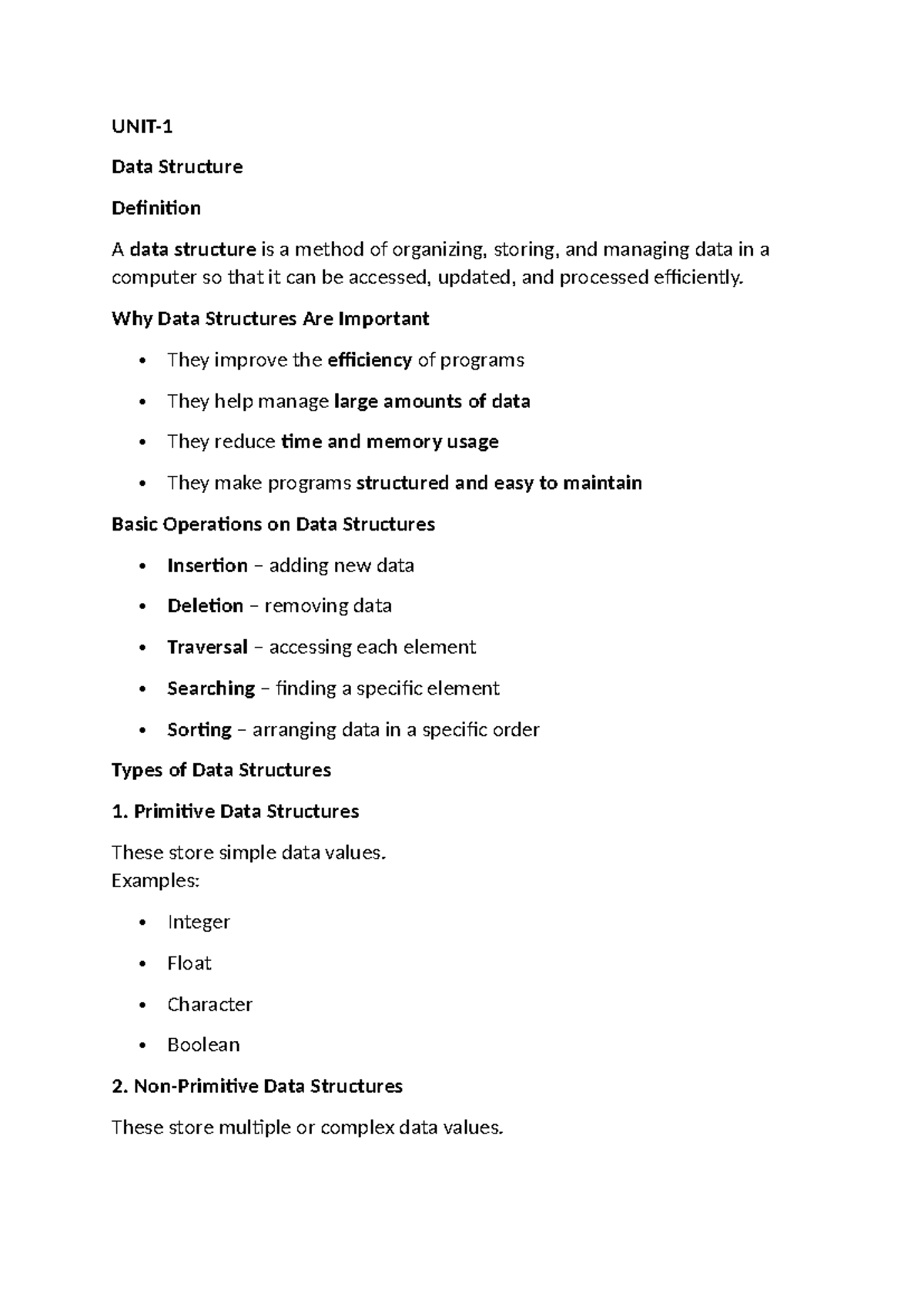 UNIT DS - Data Structures Overview and Operations Notes - Studocu