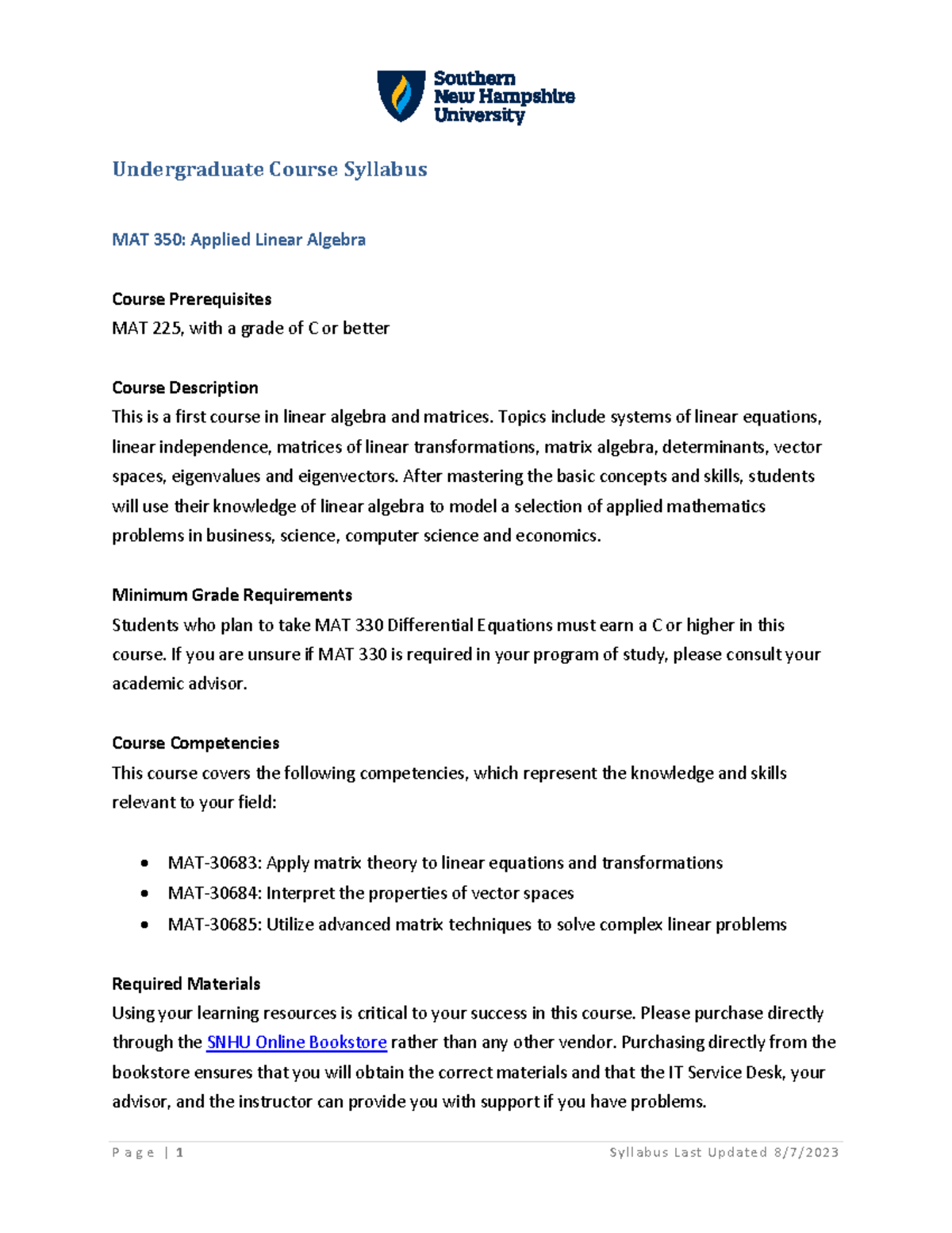 MAT 350 Syllabus Overview: Summary of Applied Linear Algebra - Studocu