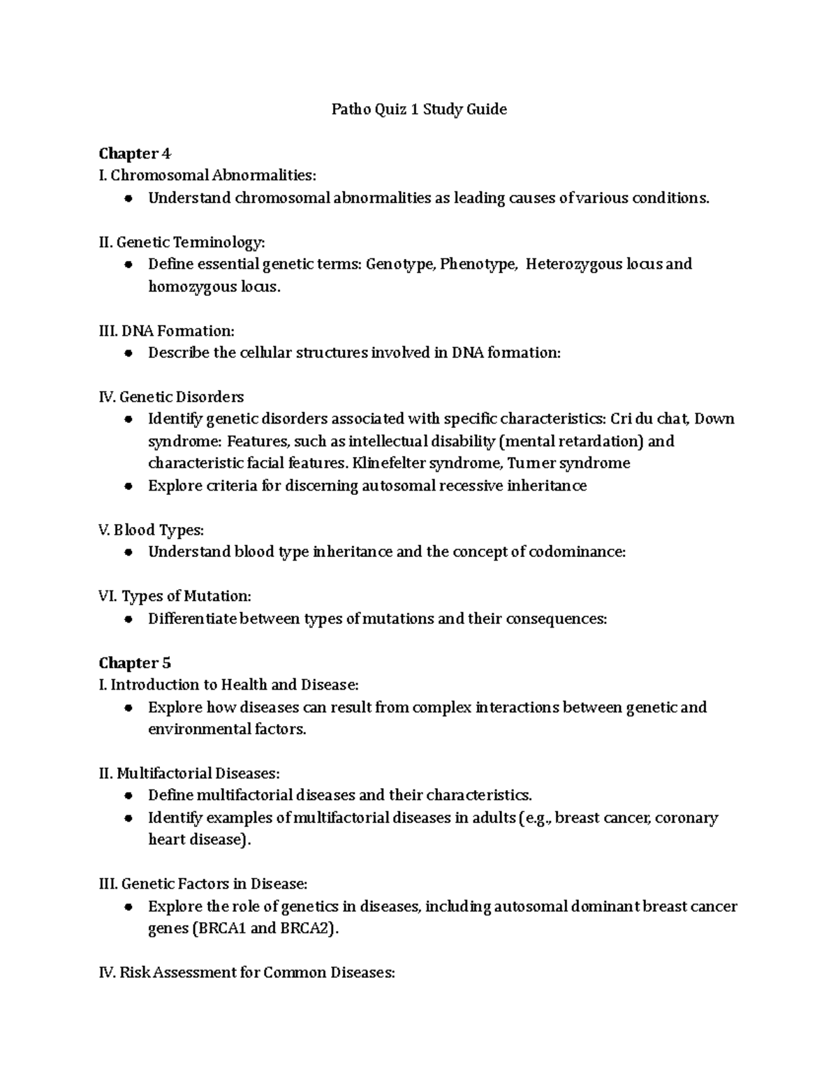 Patho 101 Quiz 1 Study Guide: Chromosomal Abnormalities & Genetic Terms ...