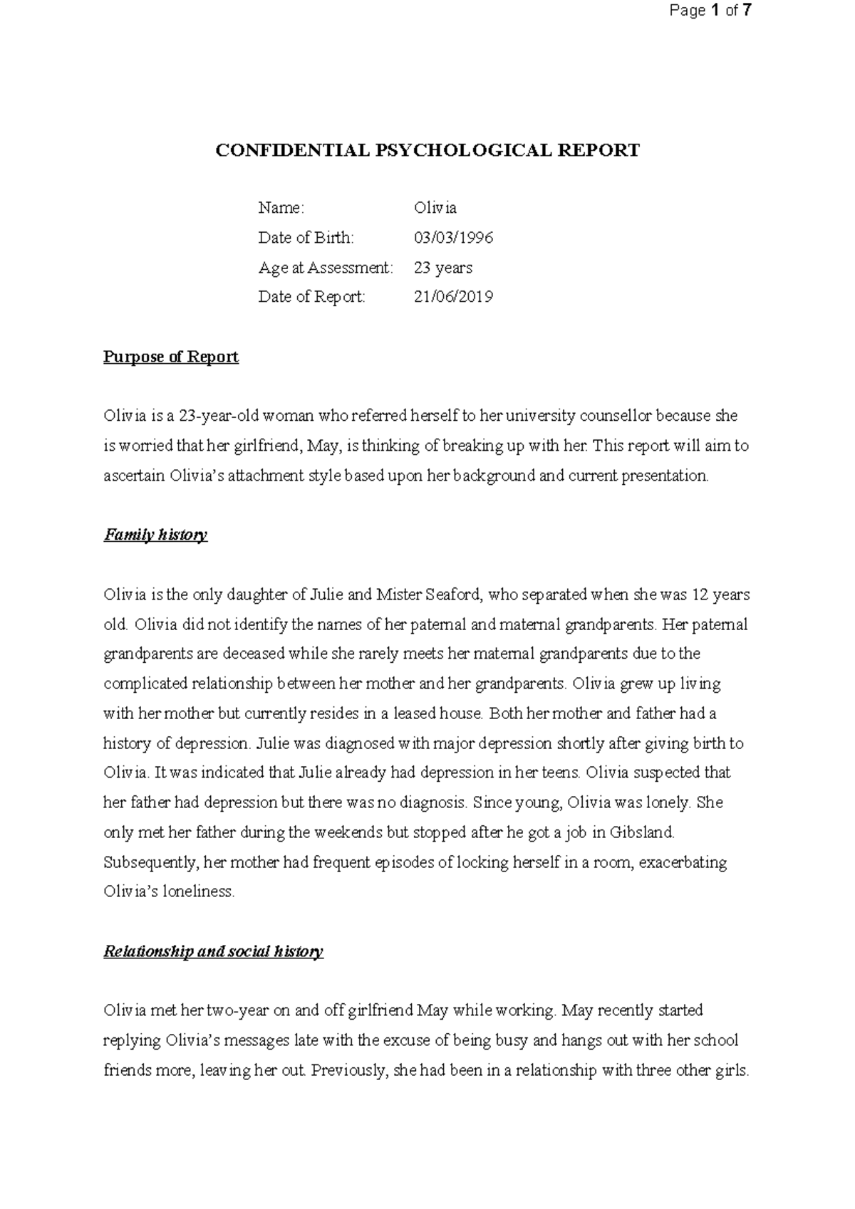 PSY2071 Developmental Report Template 2020 - CONFIDENTIAL PSYCHOLOGICAL ...