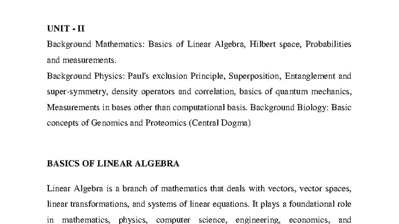QC UNIT II Notes: Linear Algebra, Quantum Mechanics & Biology Basics ...