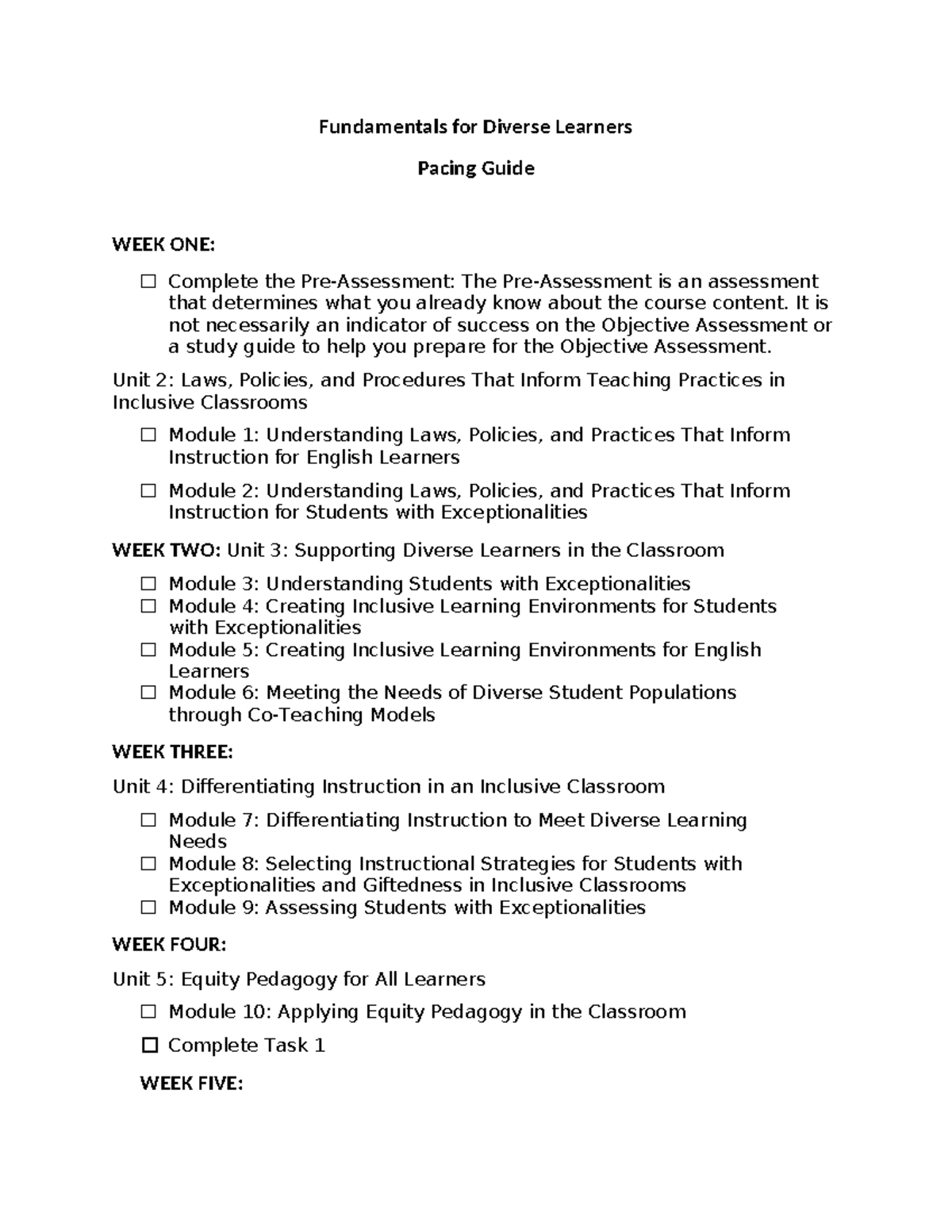 Pacing Guide DIverse Learners - Fundamentals for Diverse Learners ...