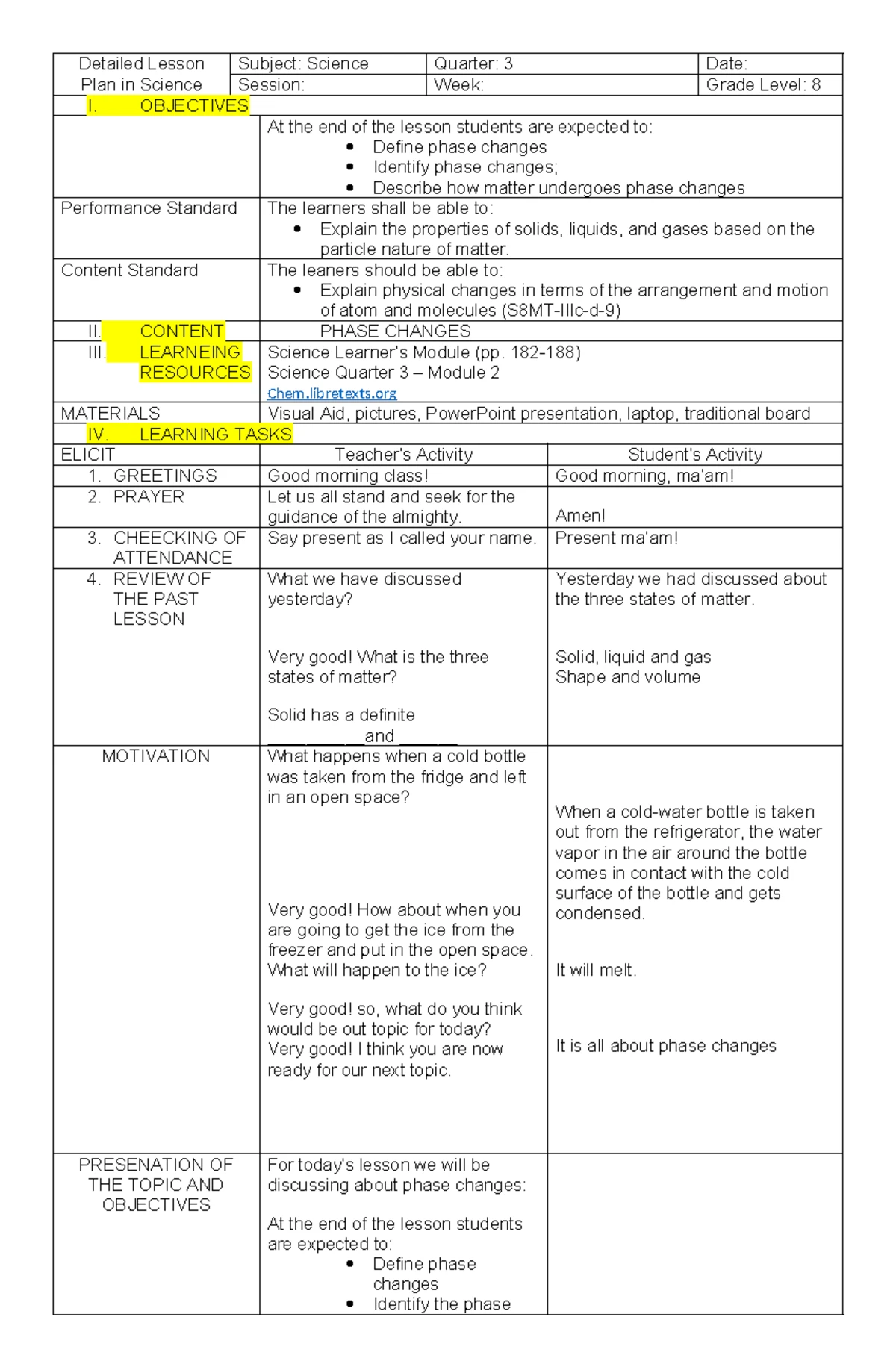 Detailed Lesson Plan: Particle Nature of Matter (Grade 8, Science ...