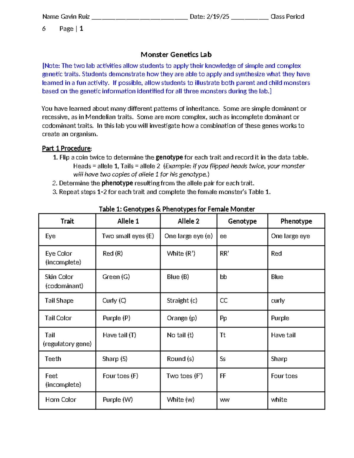 Monster Genetics Lab Activity - Gizmo Lab Investigation - Studocu