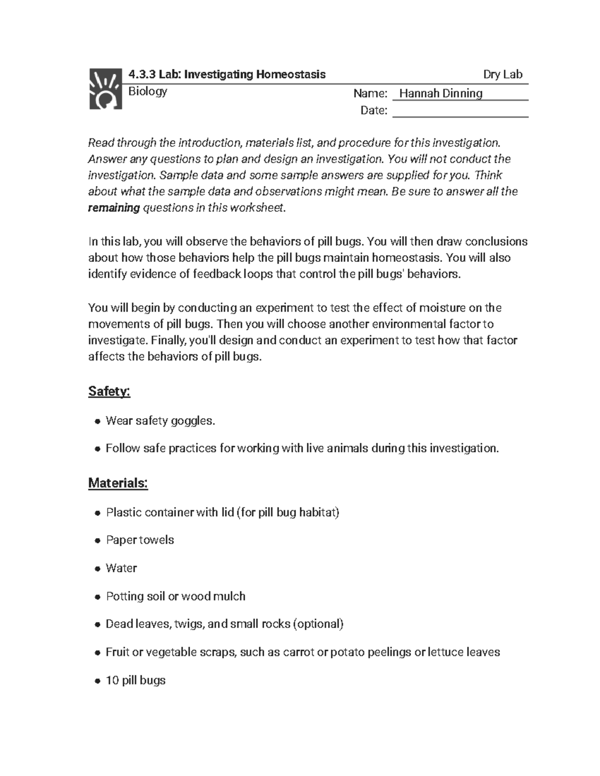 4.3.3 Lab: Observing Pill Bug Behavior for Homeostasis Investigation ...