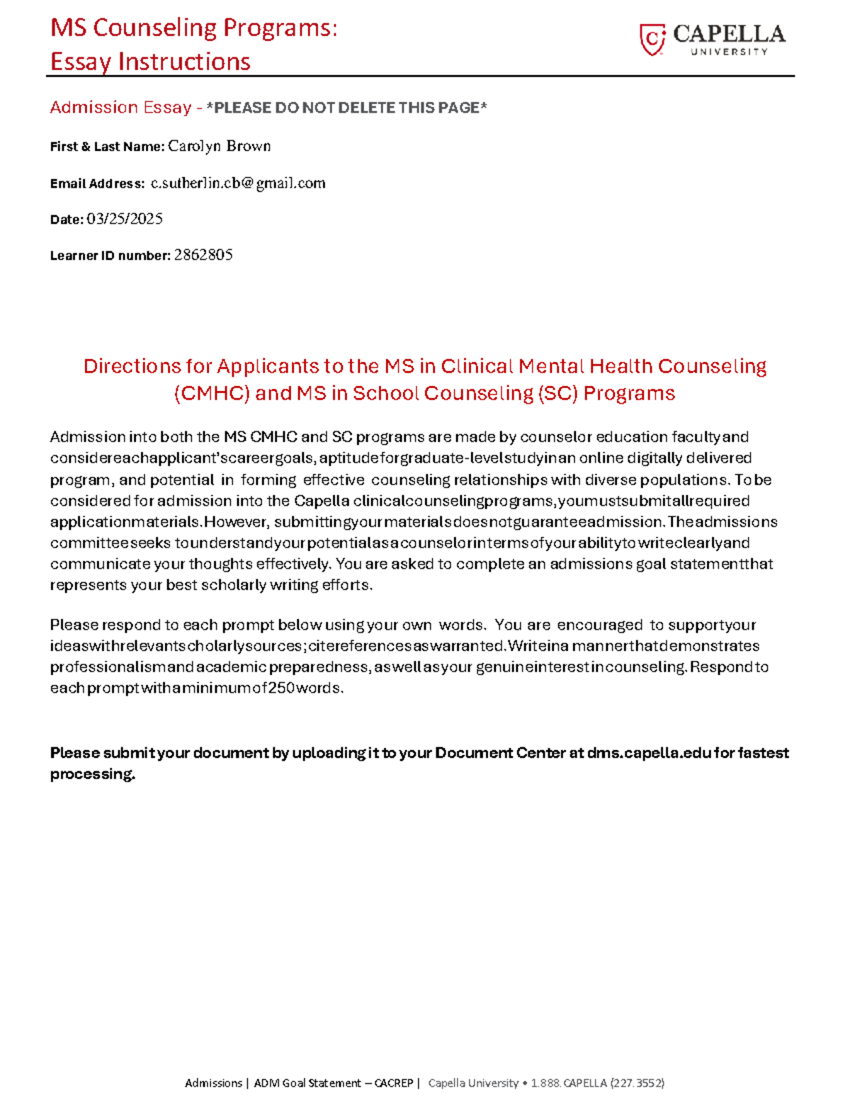 MS Counseling Programs Admission Essay Instructions (CMHC & SC) - Studocu