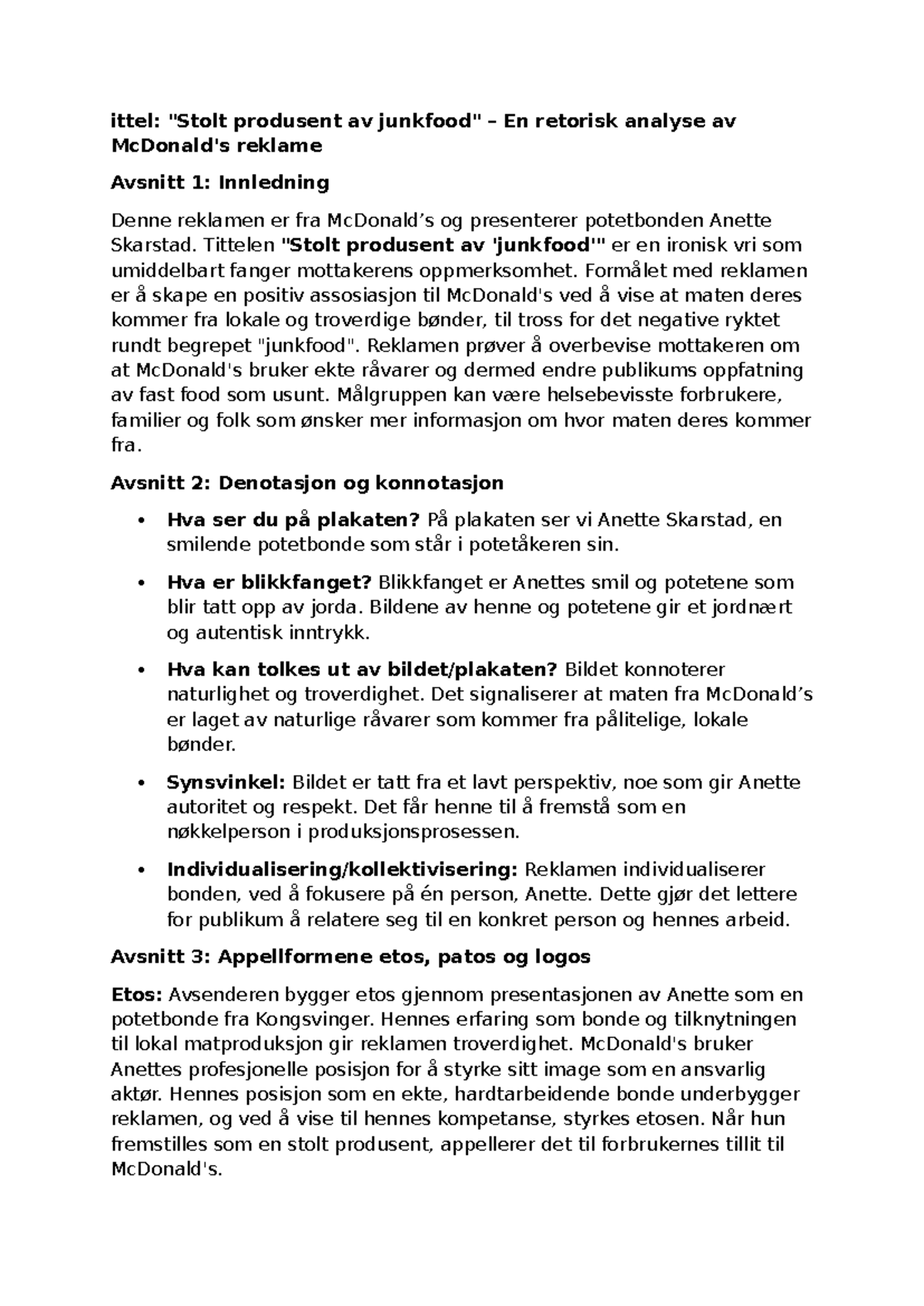 Retorisk Analyse Notater: Reklame for Potetbonden Anette Skarstad - Studocu