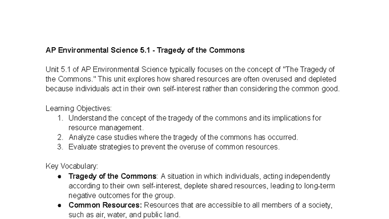 AP Environmental Science 5.1 - Insights on Tragedy of the Commons - Studocu