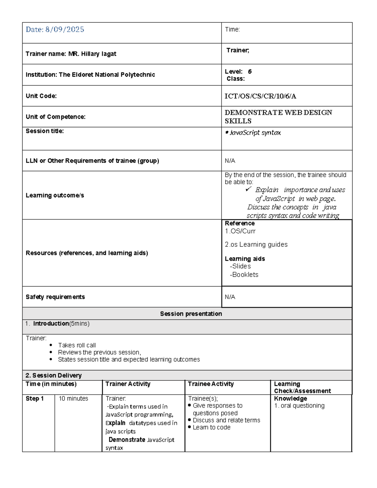 Session Plan for Level 6: JavaScript Skills Development - Studocu