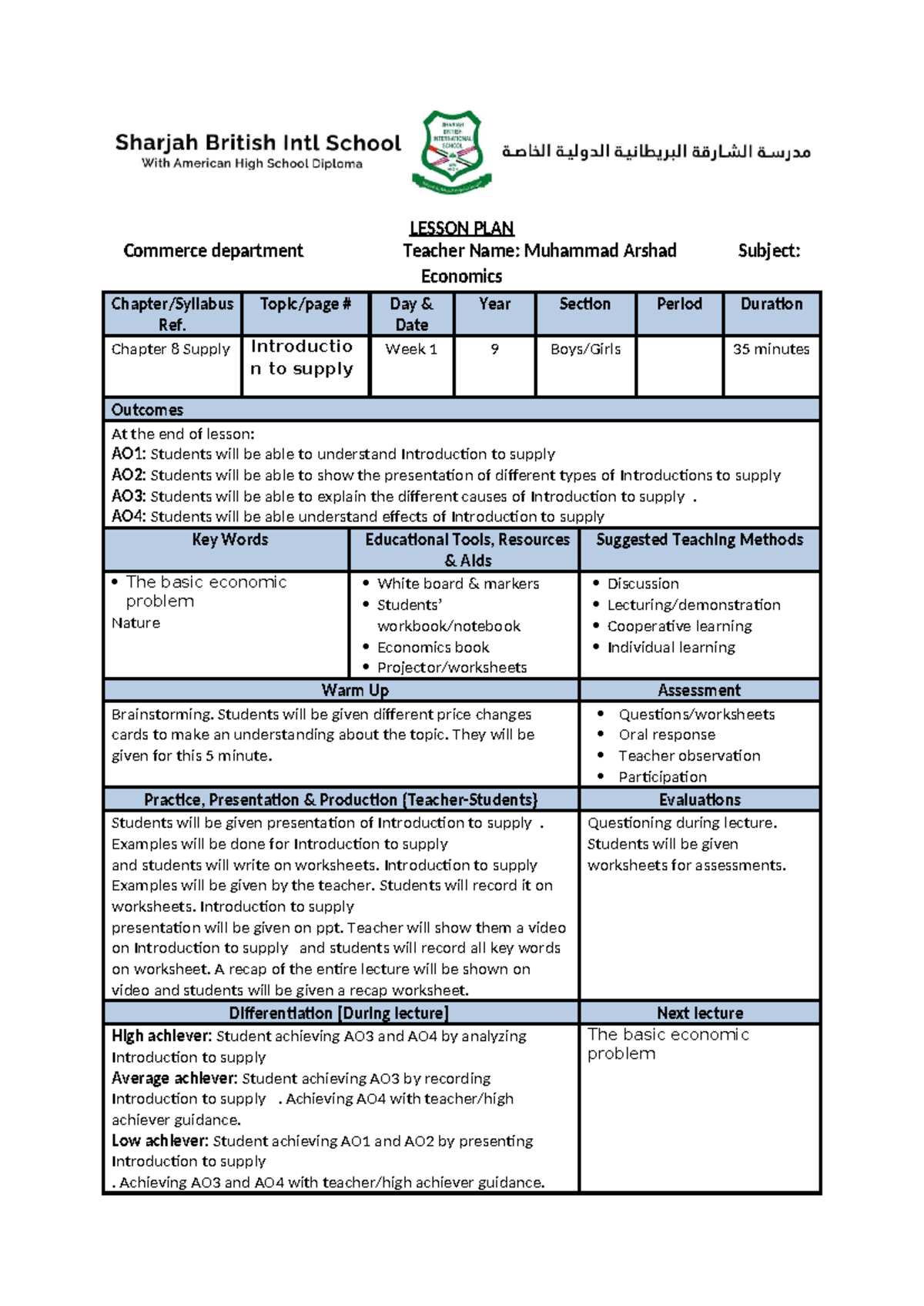 Economics 9: Lesson Plan on Introduction to Supply (Term 2, Week 1 ...