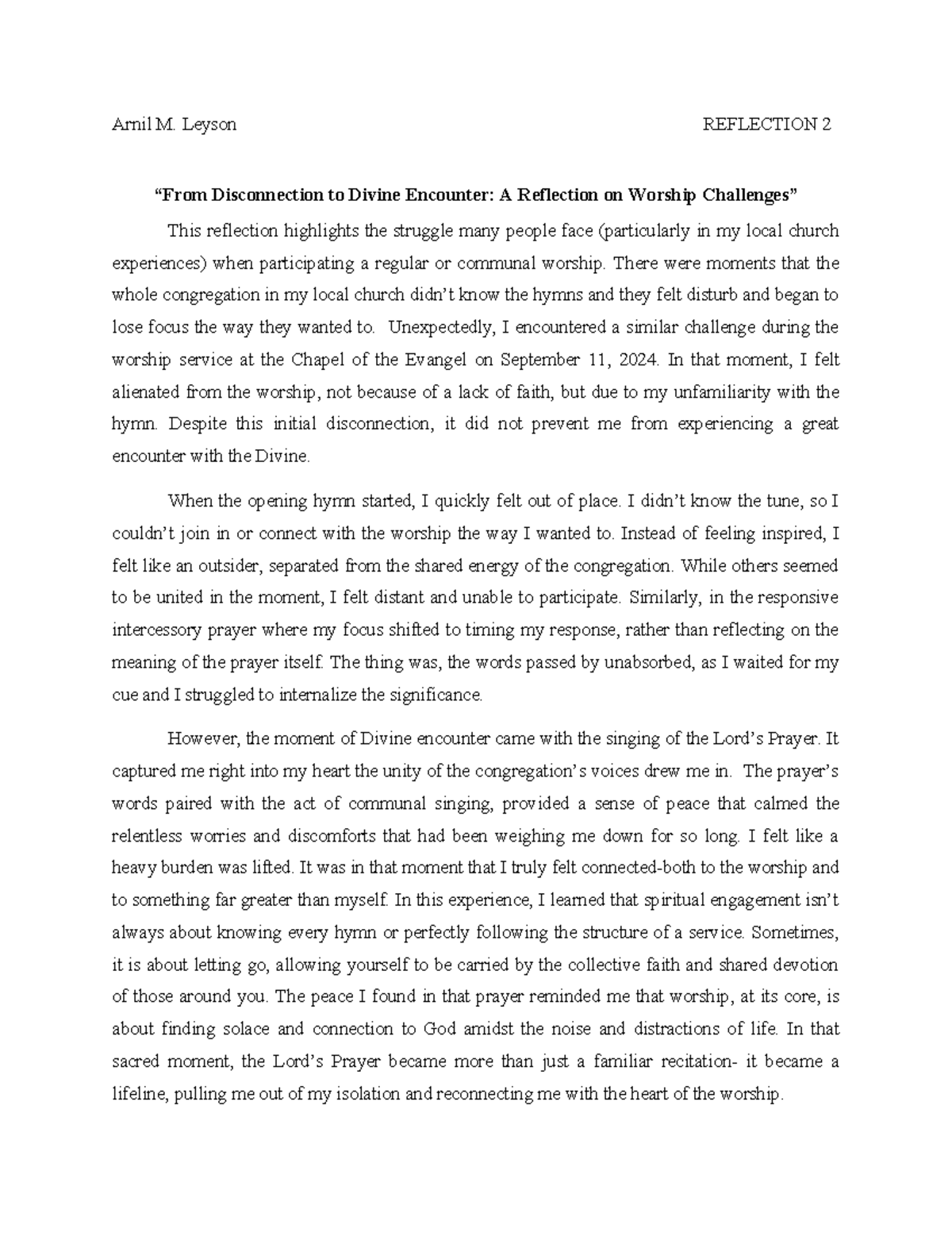 Worship Reflection: From Disconnection to Divine Encounter - Studocu