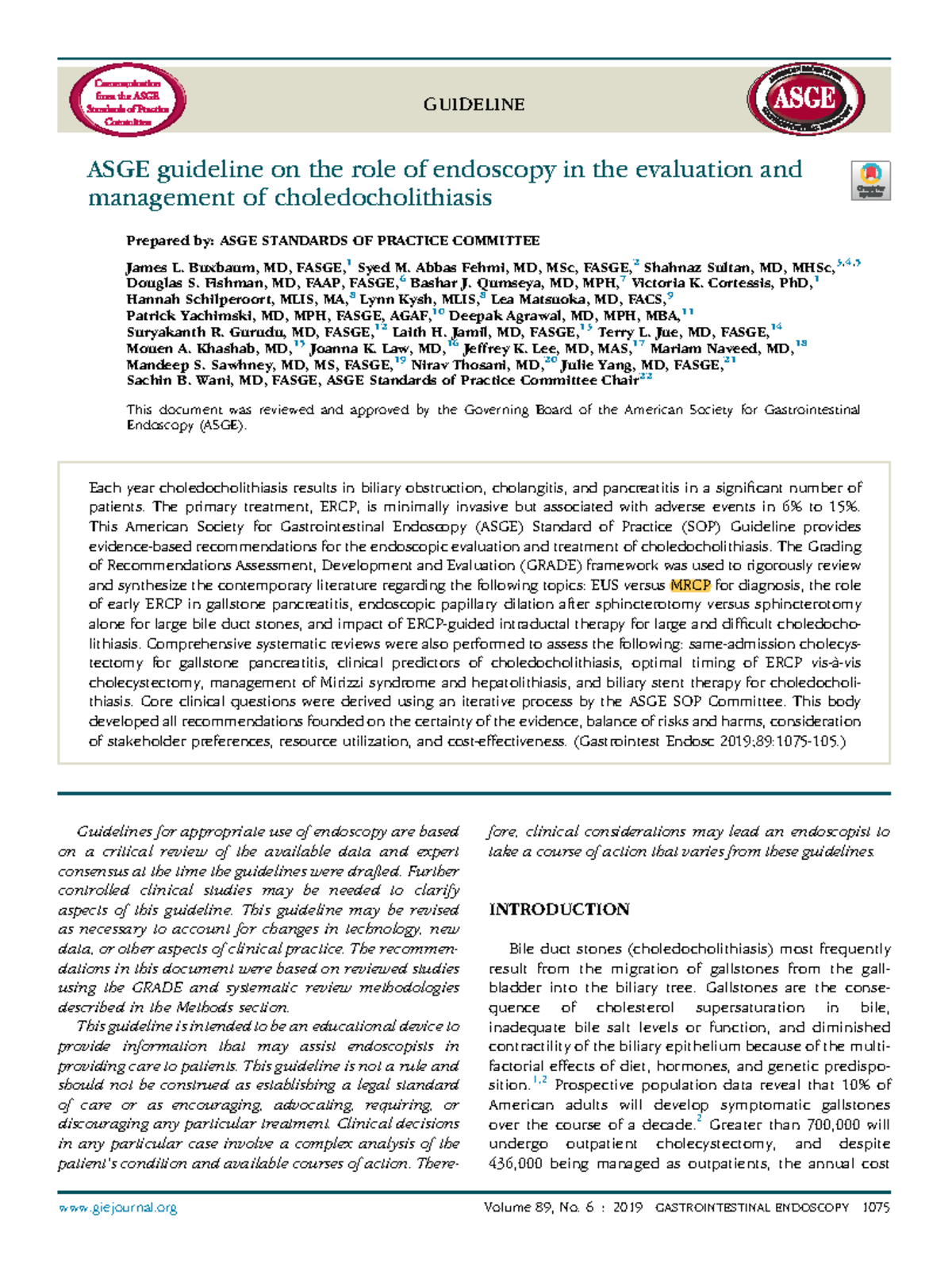 ASGE Guideline on Endoscopic Management of Choledocholithiasis (2019 ...
