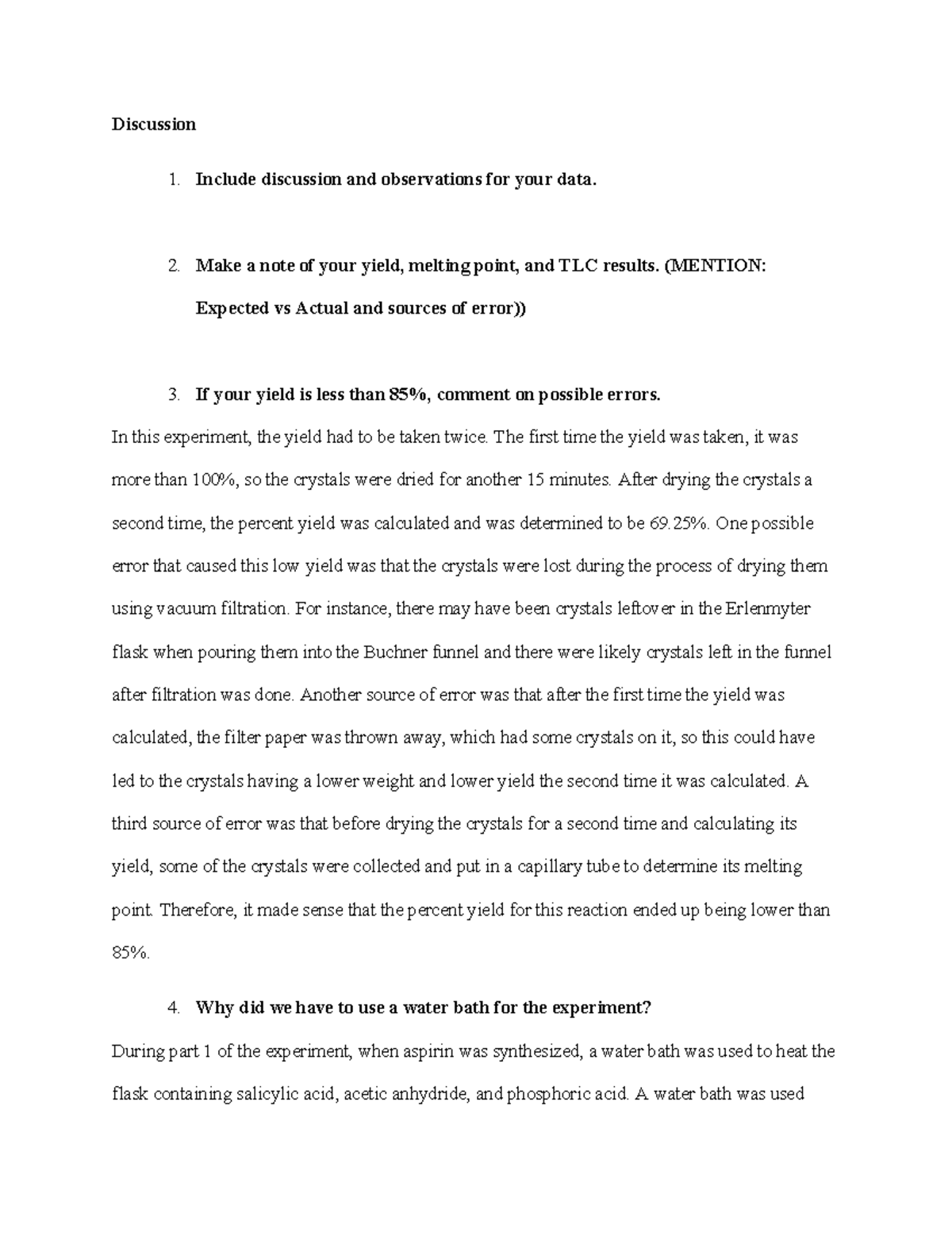 Aspirin Synthesis Discussion: Yield, Melting Point, and TLC Analysis ...