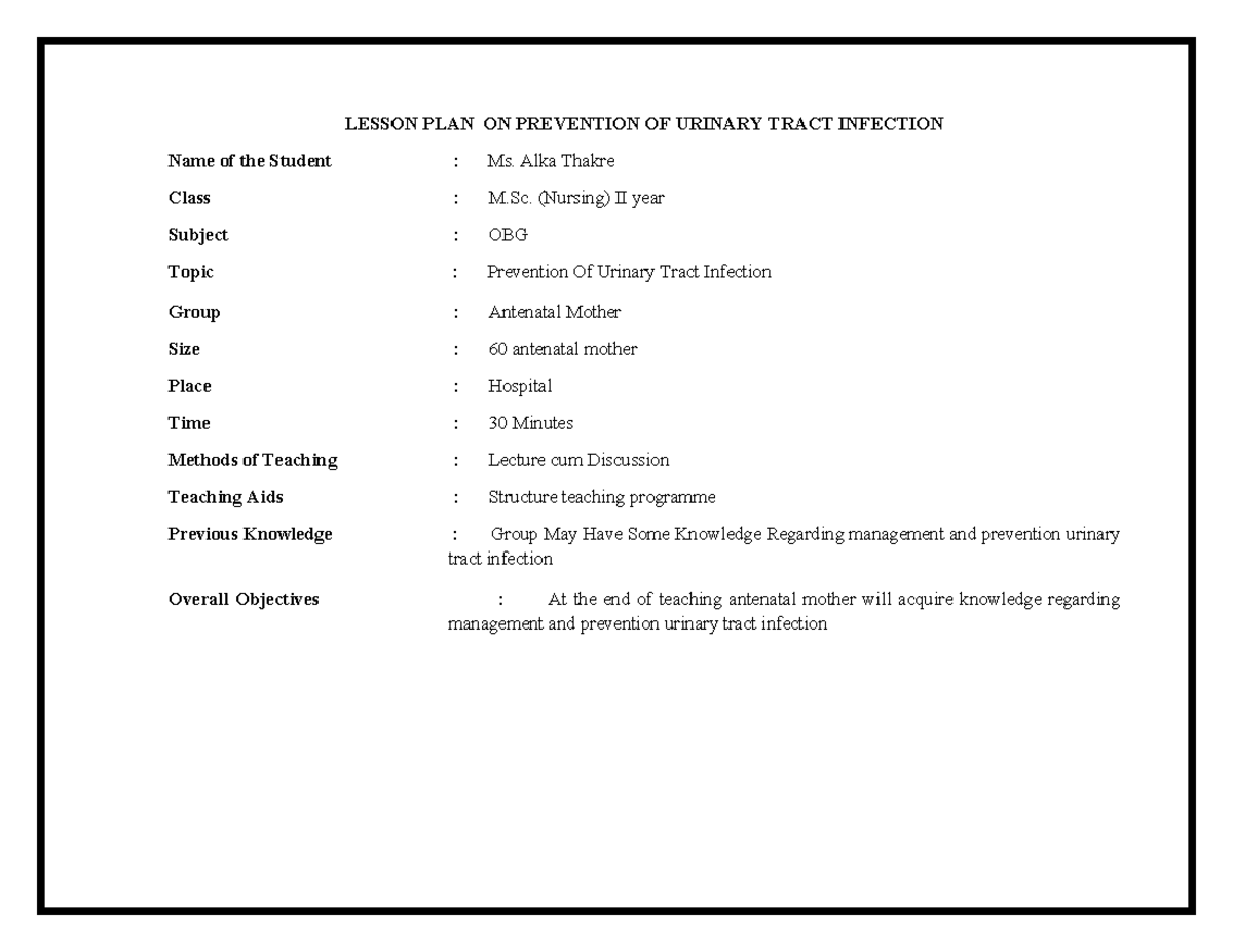M. Nursing II Year OBG Lesson Plan: UTI Prevention for Antenatal ...
