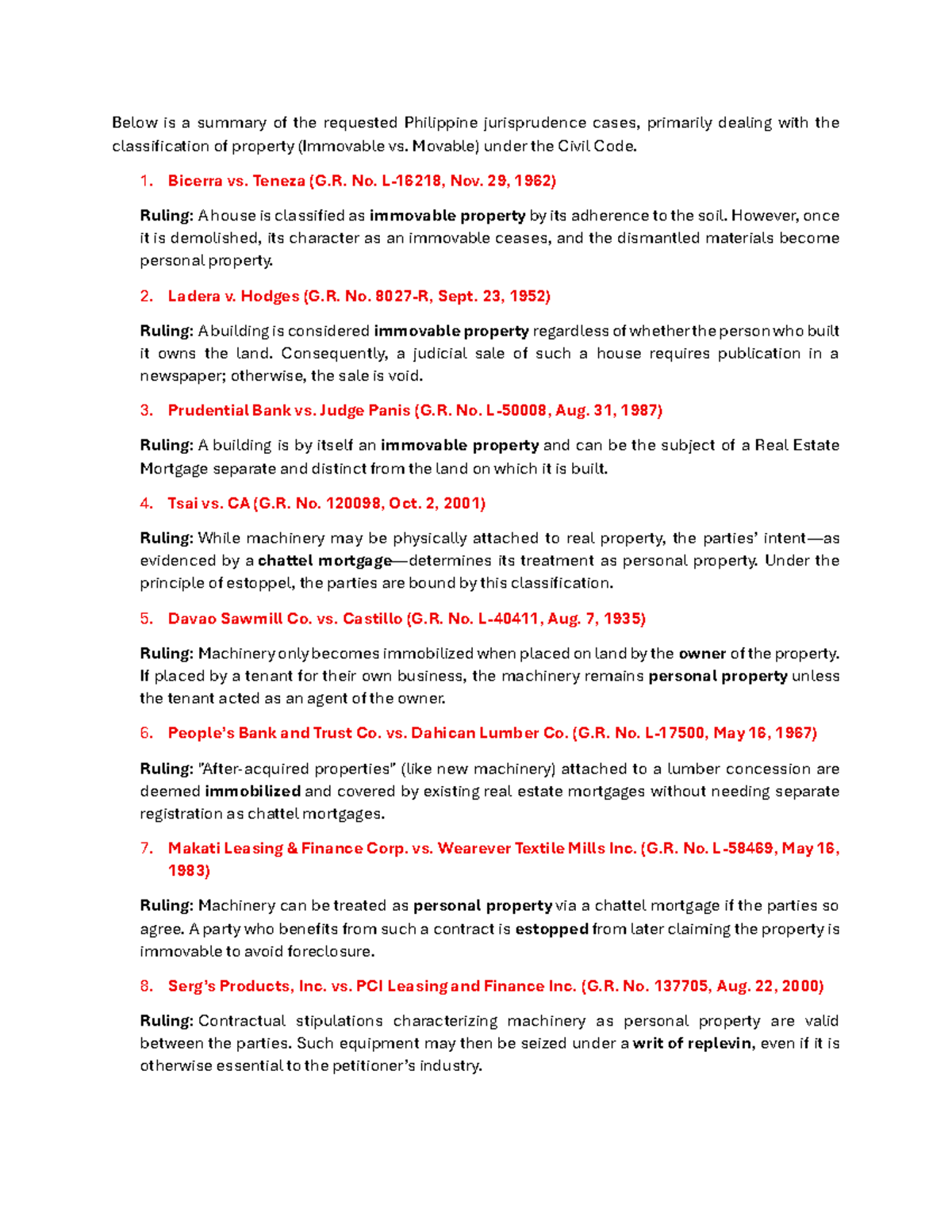 Property LAW - Case Digest on Immovable vs. Movable Property - Studocu