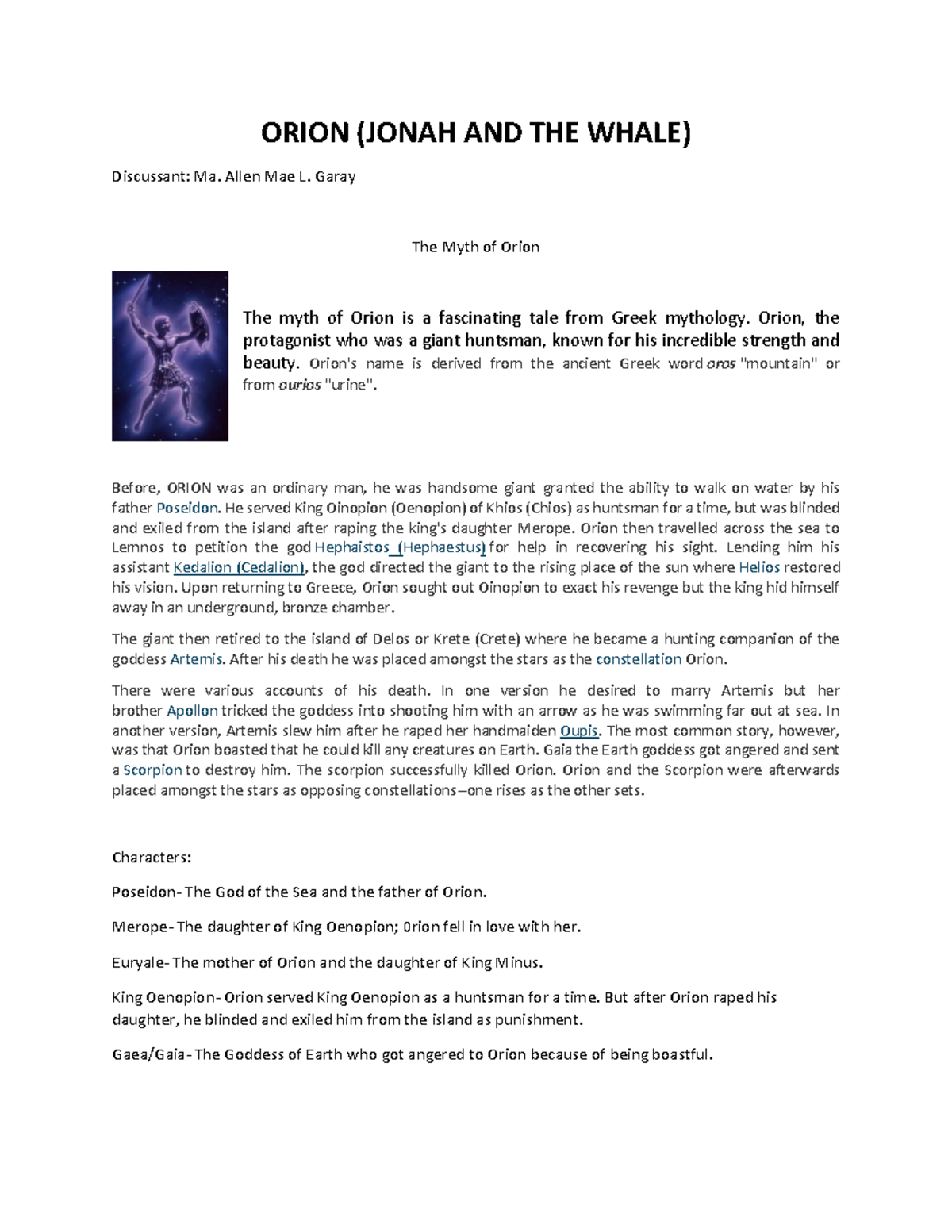 Final Exam: Comparative Study of Orion and Jonah (Myth & Bible) - Studocu