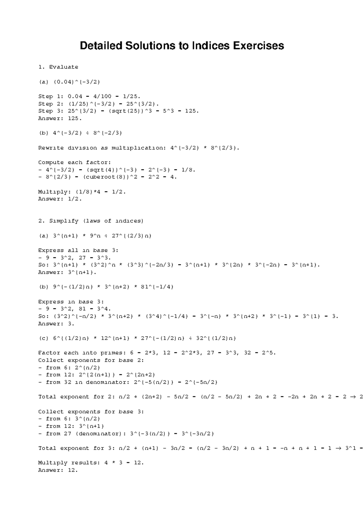 Indices Exercises Solutions Steps: Detailed Answers and Methods - Studocu